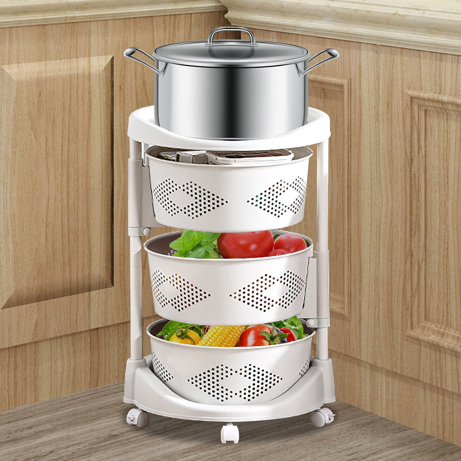 Multi-Layer Rotatable Baskets Kitchen Rack Rolling Storage Cart White ...