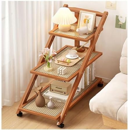 Multi-Layer Wood Storage Trolley, Mobile Ladder Shelf with Rattan ...
