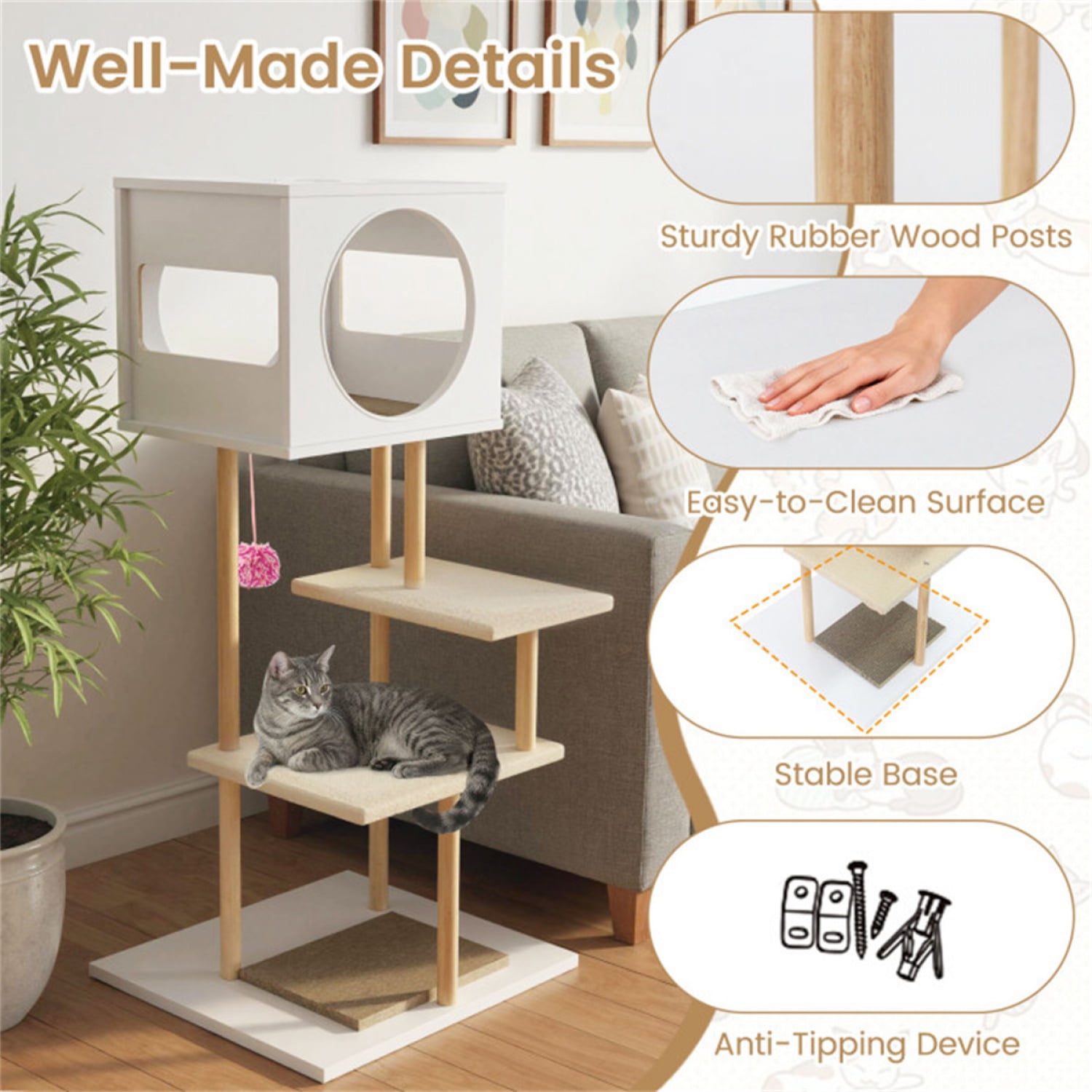 Multi-Level Cat Tree for Indoor Cats with 2 Corrugated Scratching Pads ...