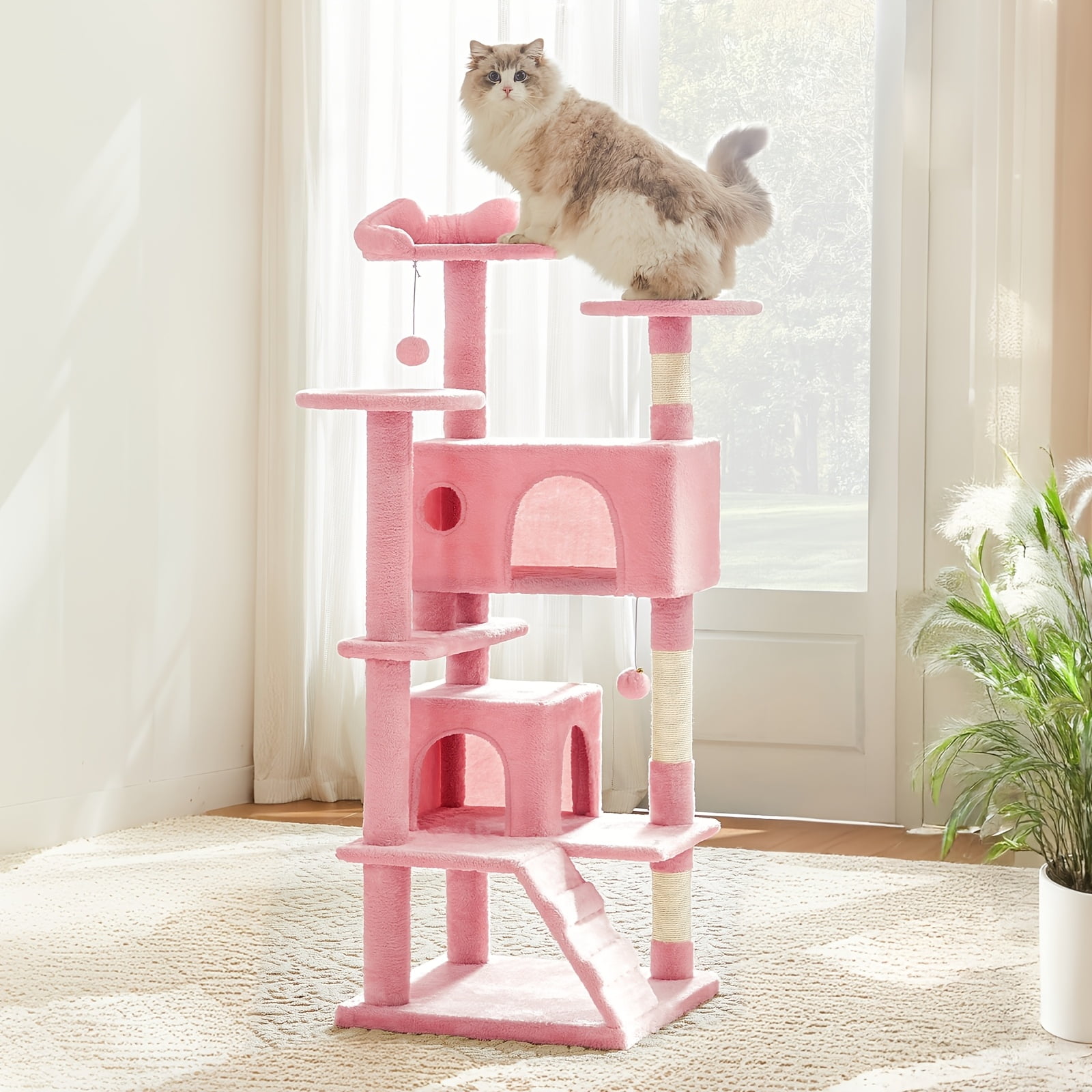 Multi-Level Cat Tree with Scratching Post, Hammock & Cave - 44/54 Inch ...