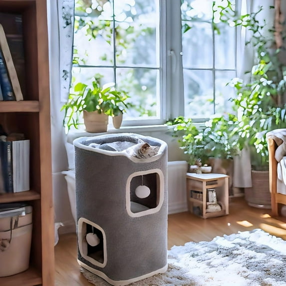 Multi-Level Foldable Cat Tree Tower - Dark Grey/Beige, Soft Cozy Top ...