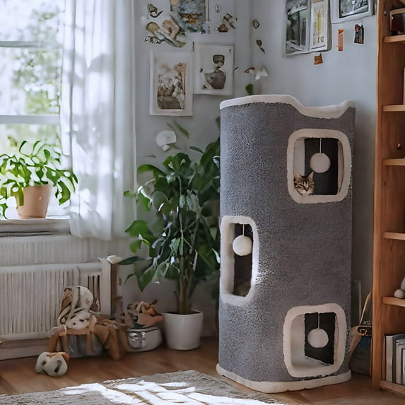 Multi-Level Foldable Cat Tree Tower - Dark Grey/Beige, Soft Cozy Top ...