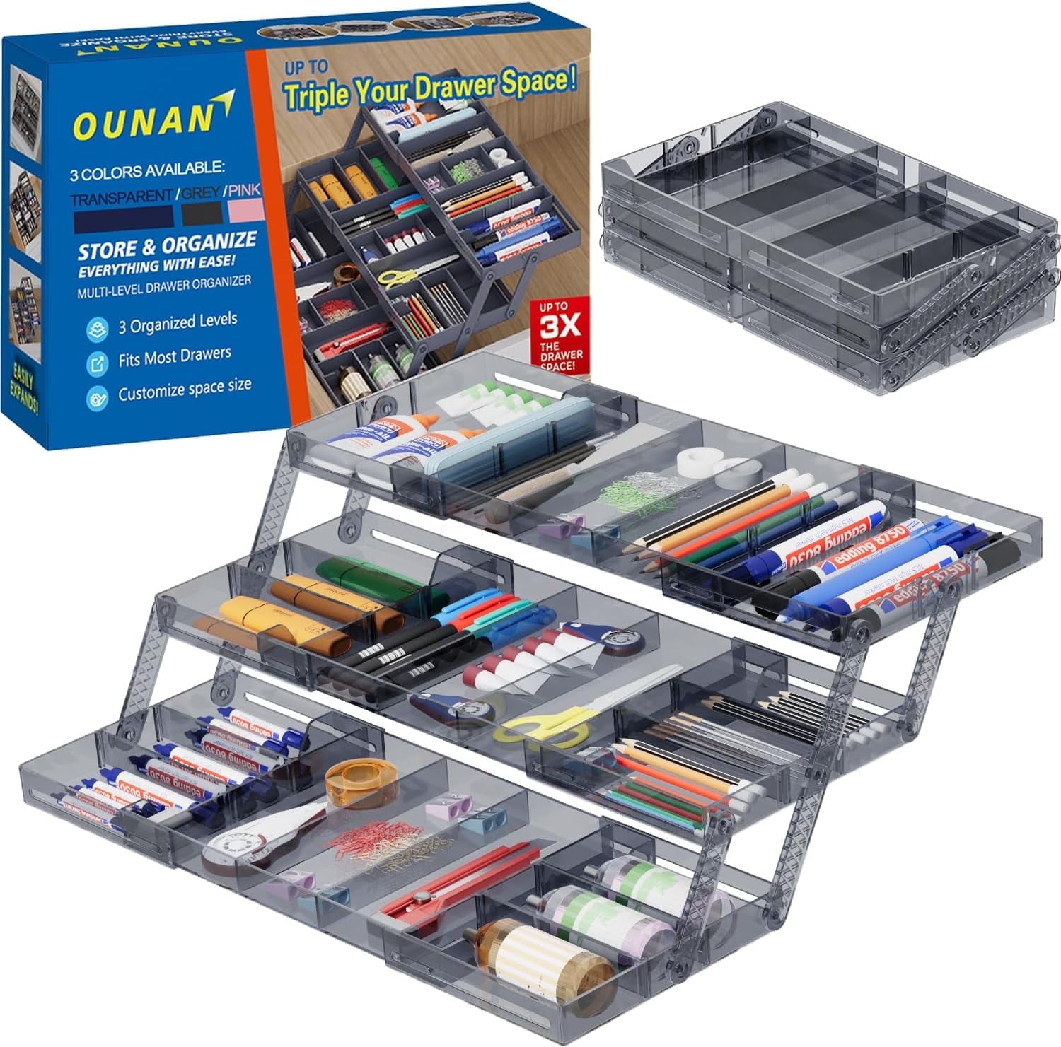 Multi Level Smart Drawer Organizer – 3 Tier Expandable Drawer Organizer ...