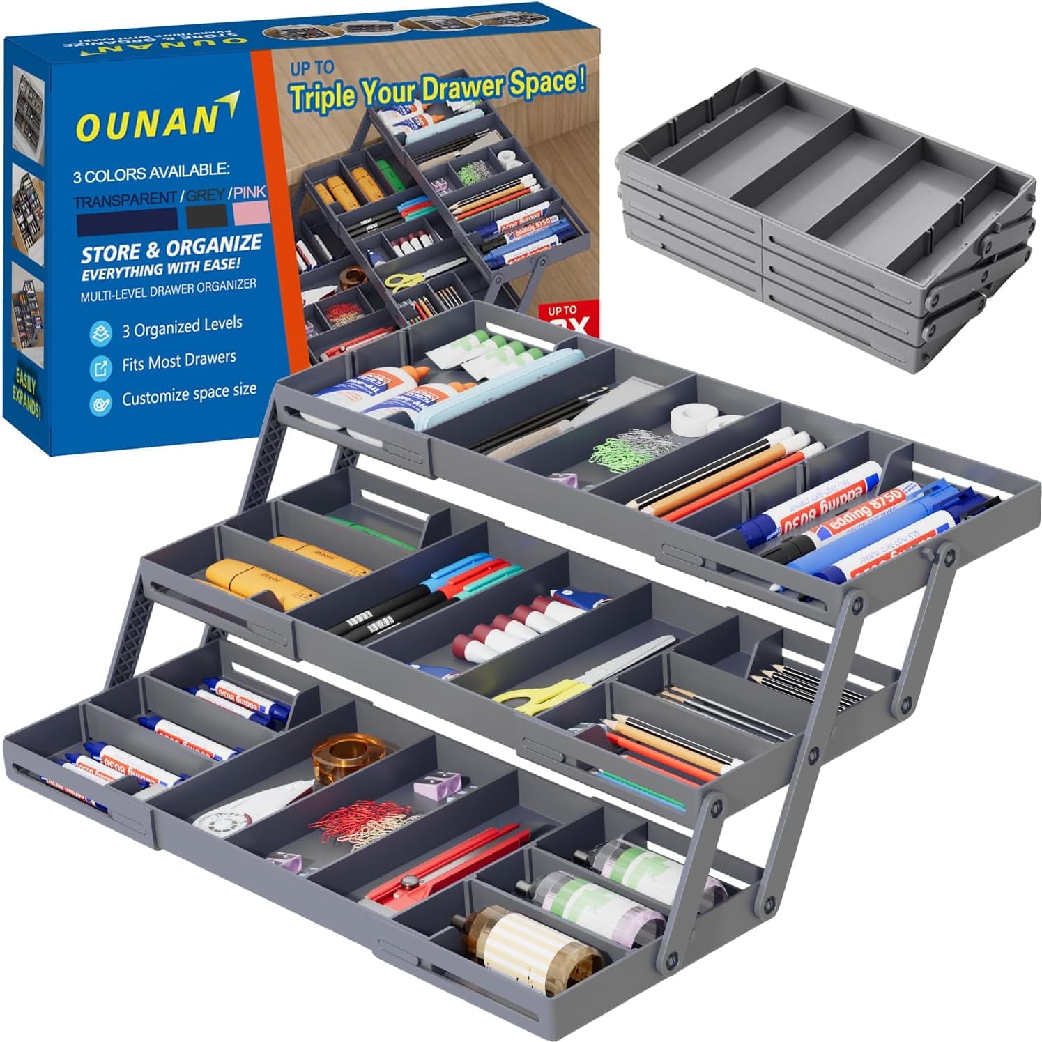 Multi Level Smart Drawer Organizer – 3 Tier Expandable Drawer Organizer ...