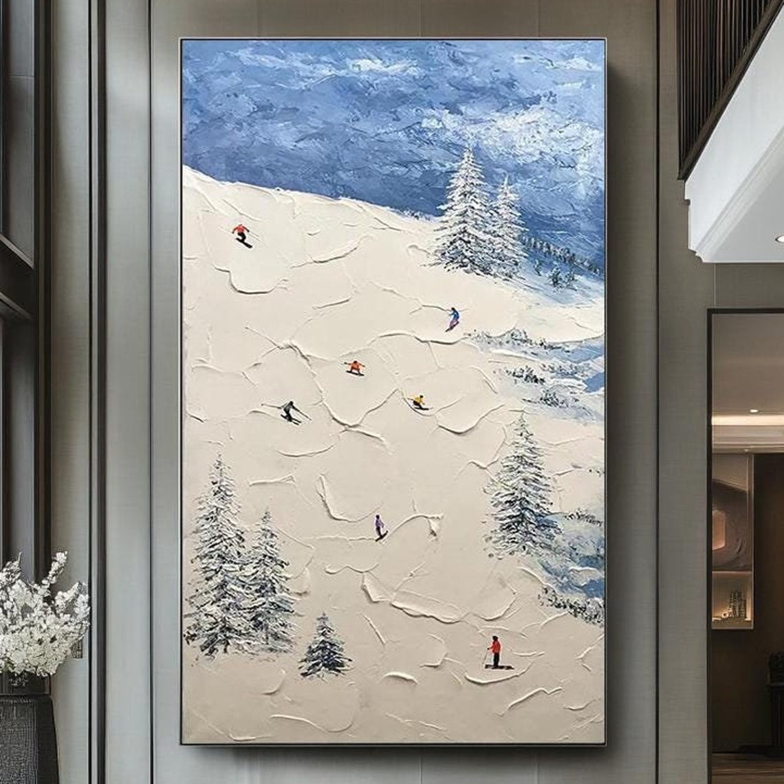 Multi-Person Skiing Abstract Painting, Ski Resort Acrylic Painting ...