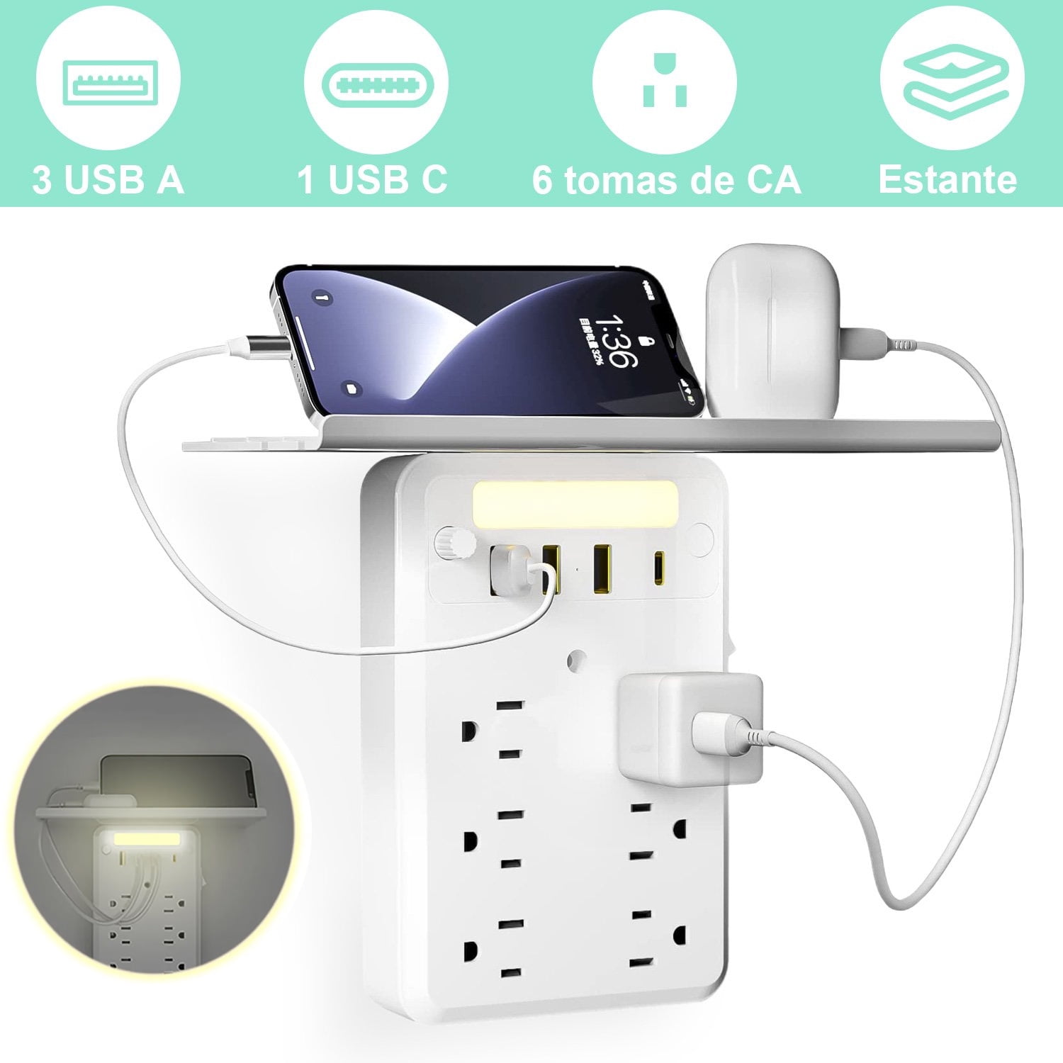 Multi Plug Outlet, 6-Outlet Extender Socket with 4 USB Charging Ports ...