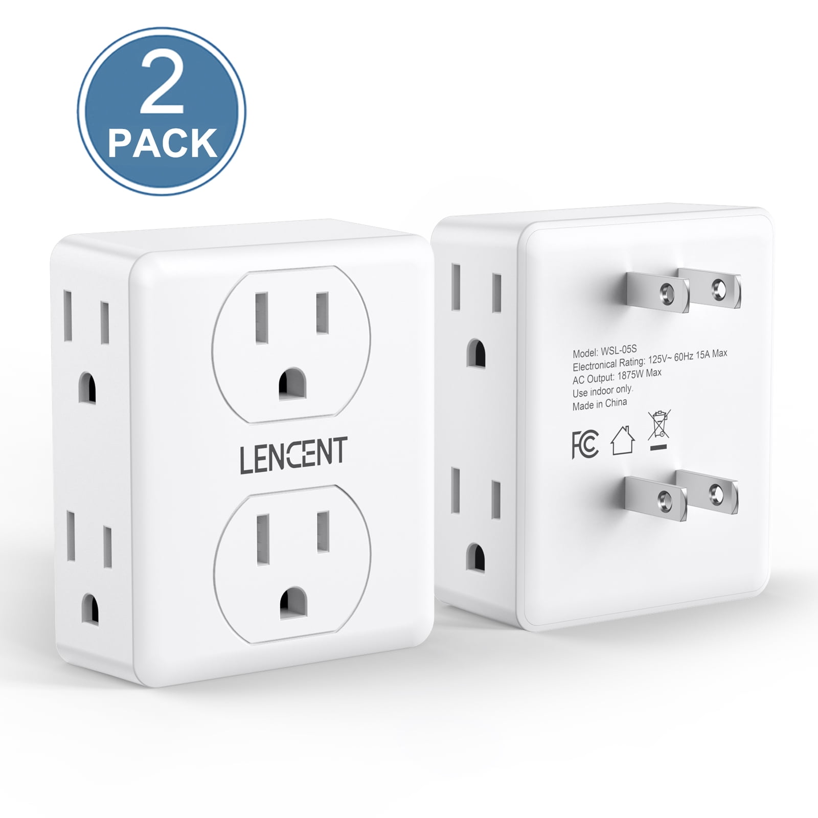 LENCENT 2-Pack, 2 to 3 Prong Outlet Extender, 6-Way Outlet Splitter, 3 ...