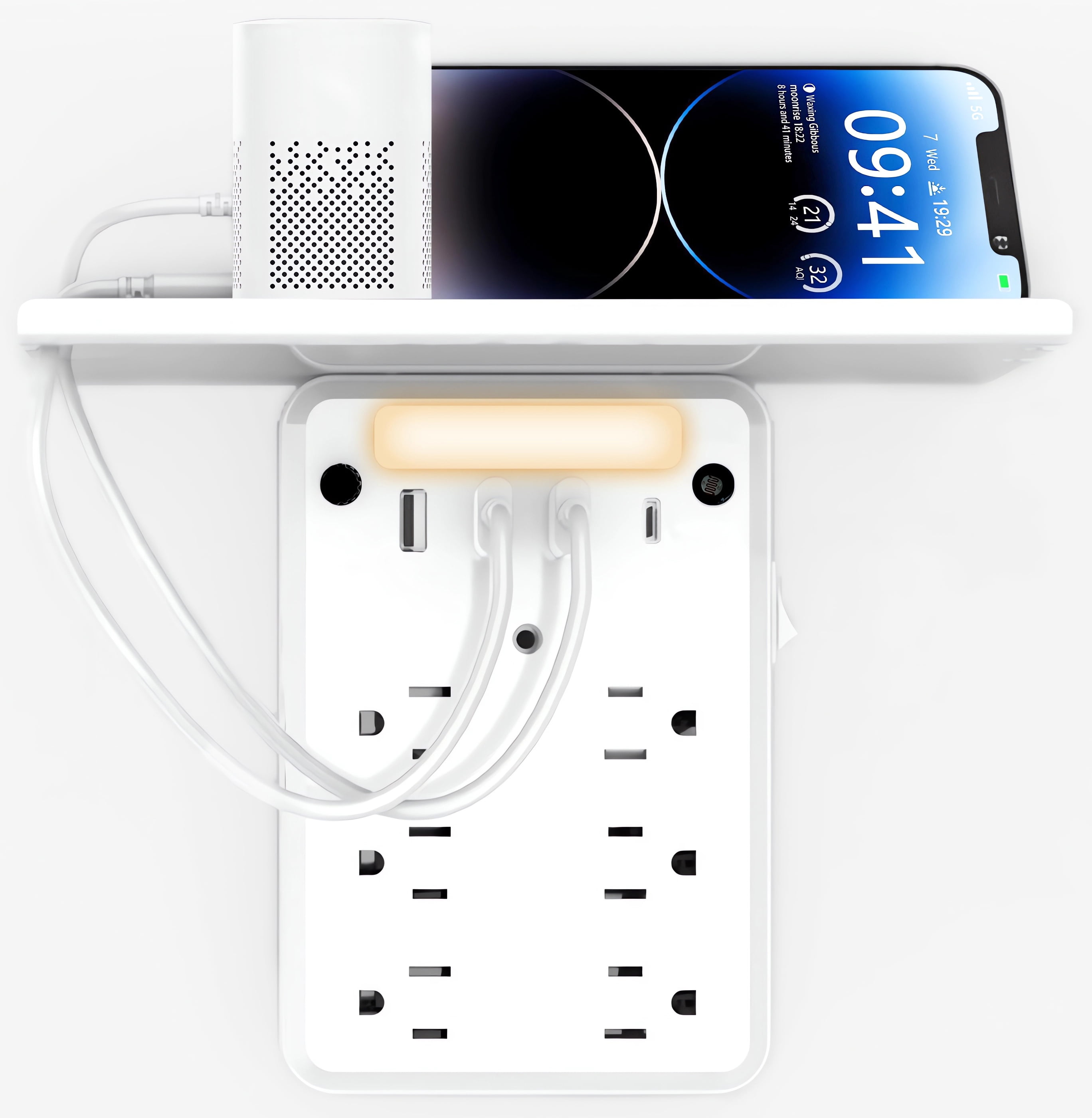 Multi Plug Outlet Surge Protector with Shelf and Night Light, 6 Outlet ...