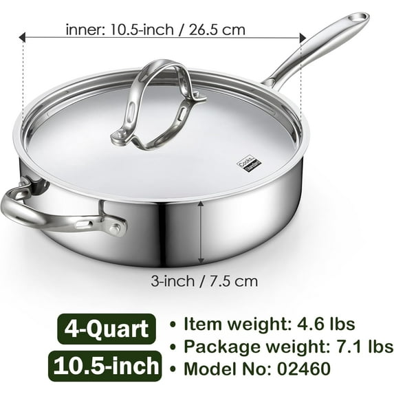 Multi-Ply Clad Stainless Steel Saute Pan 10.5 Inch, 4 Quart Deep Frying ...