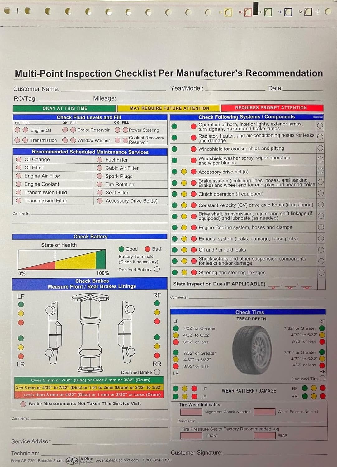 Multi-Point Inspection Checklist Per Manufacturer's Recommendation ...