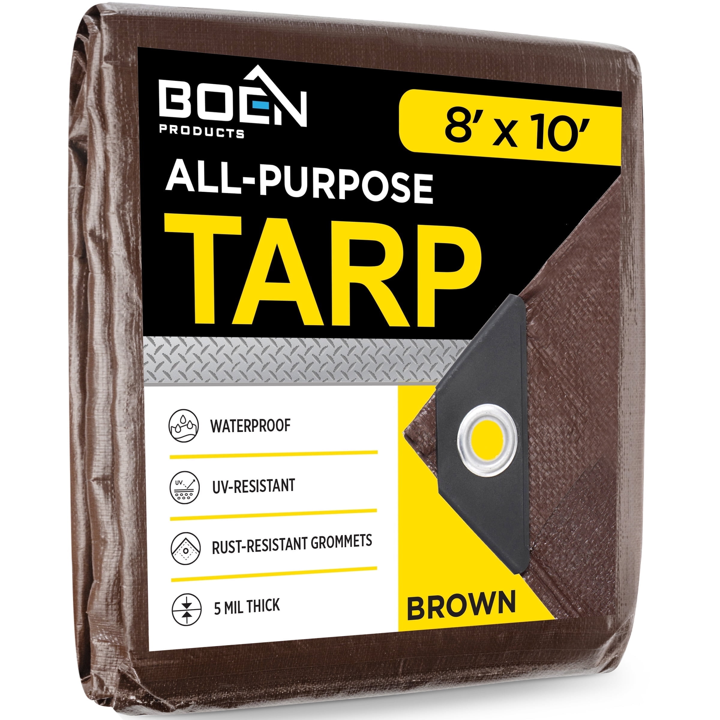 Boen Brown Large Multi-Purpose Tarp 8 ft x 10 ft, 5 Mil Thick, Rust-Proof Grommets Every 36 in ...