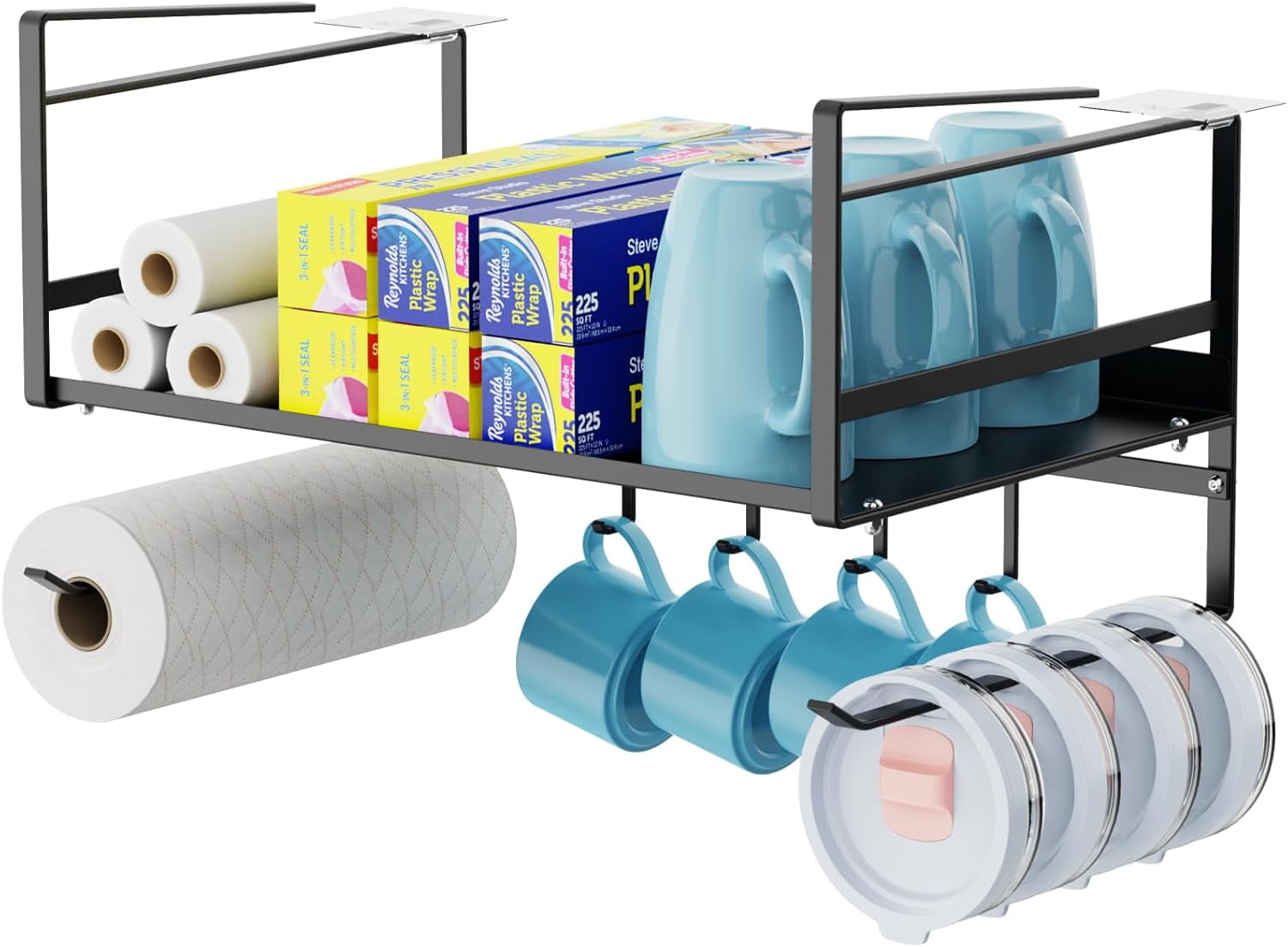 Multi-Purpose Under Cabinet Shelf with Mug Hooks - Add Extra Storage ...