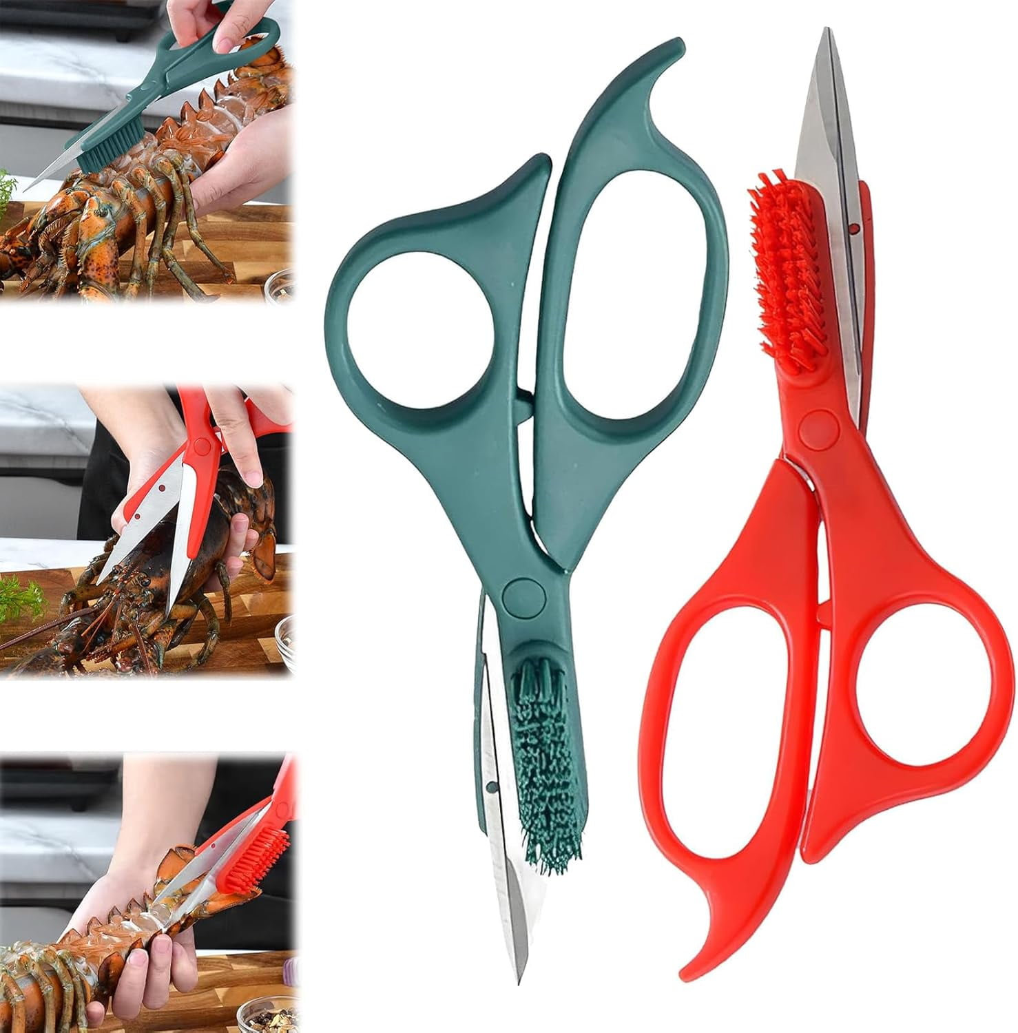 Multi-Purpose Kitchen Scissors, 2 in 1 Wash Shrimp Scissors with Brush, Stainless Steel Heavy ...