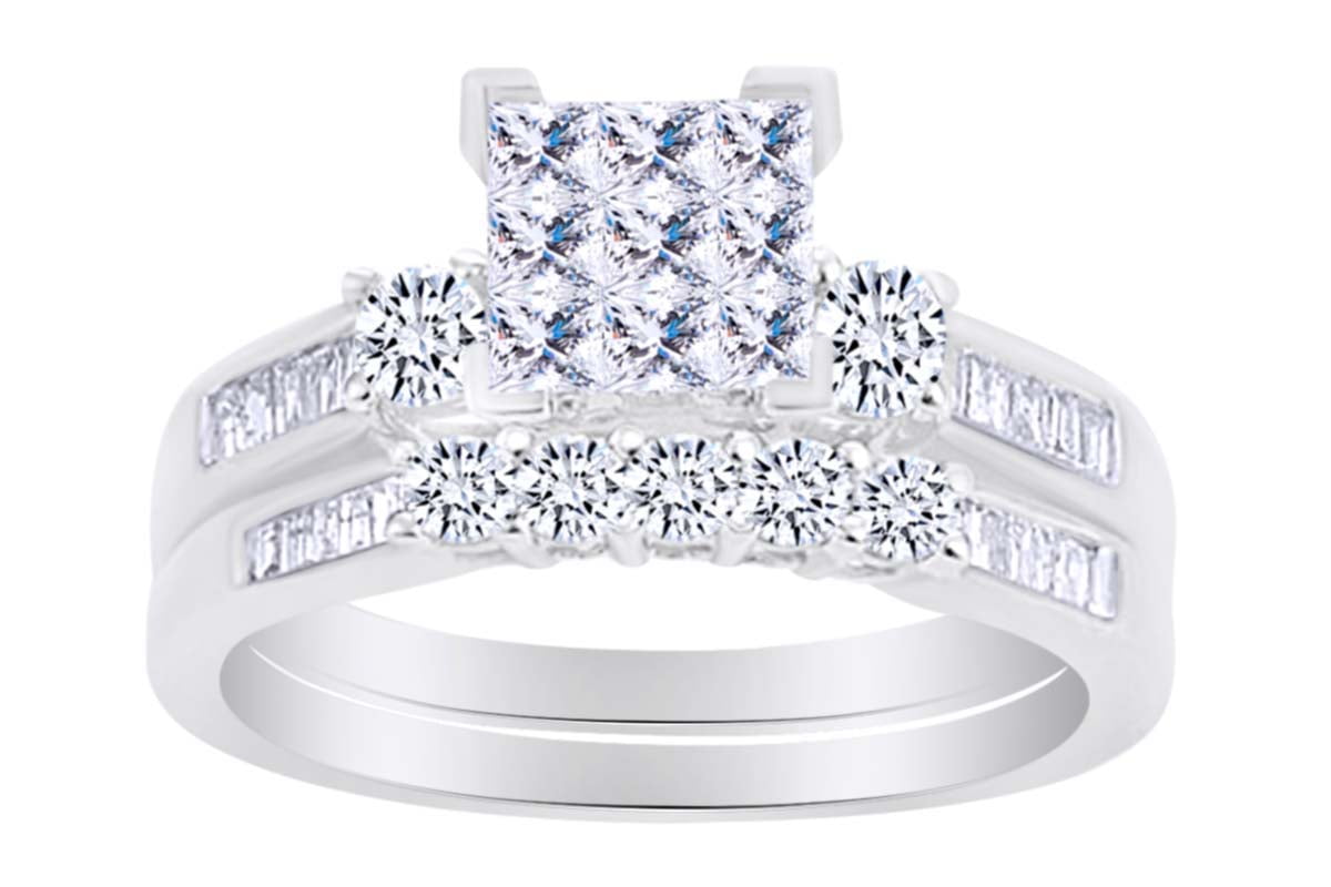 AFFY Multi Shape White Natural Diamond Square Cluster Bridal Ring Set ...