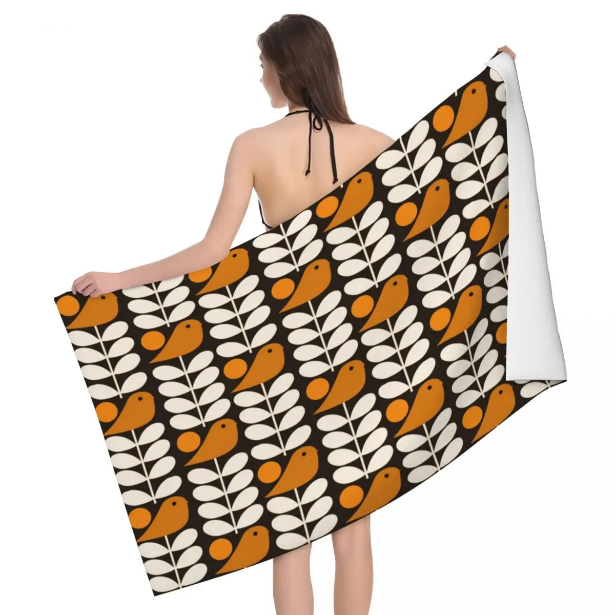 Multi Stem Birds Black White Orange Beach Towel Personalized Super Soft ...