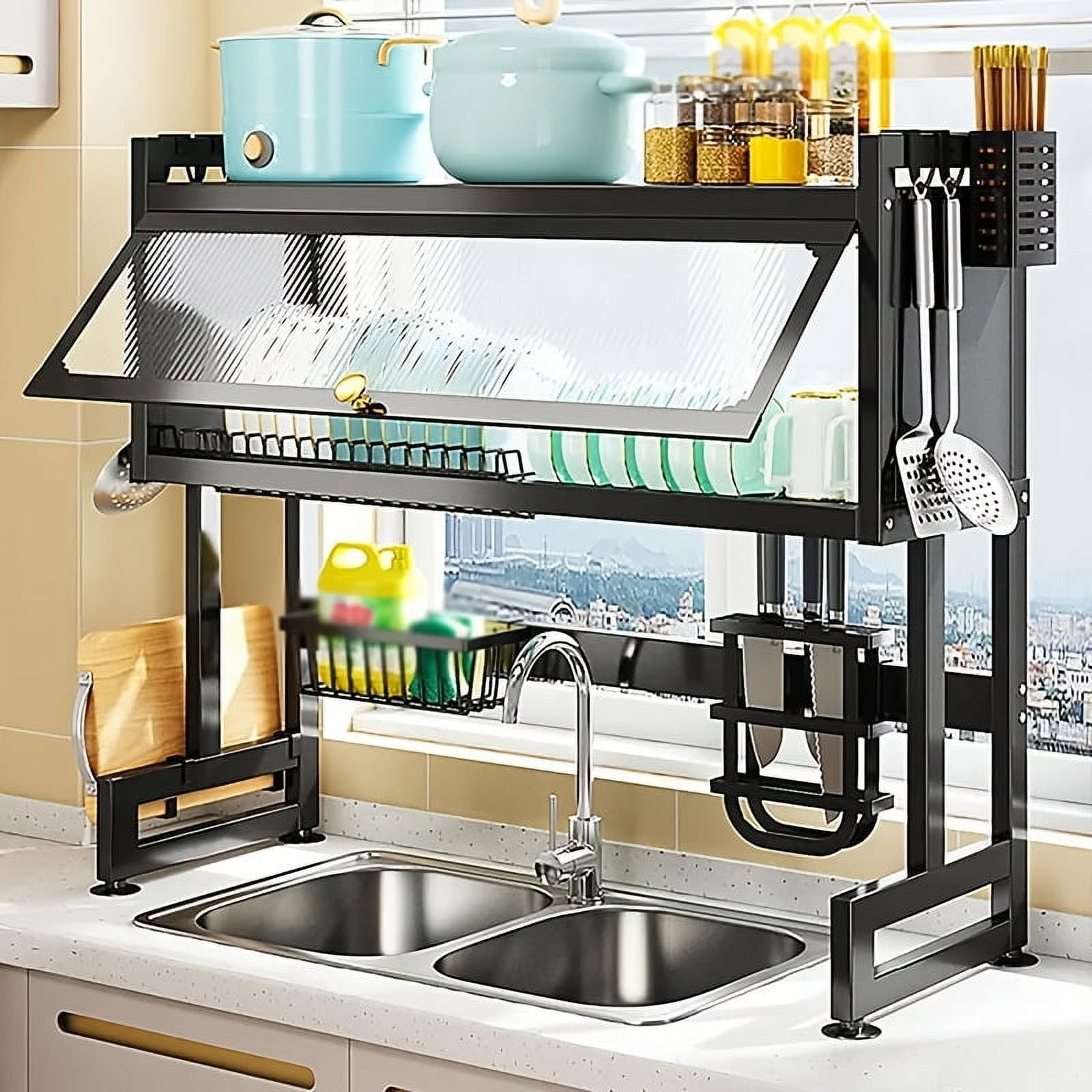 Multi-Tier Black Metal Kitchen Sink Organizer with Drainage Board ...