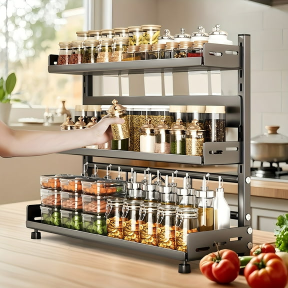 Basicwise Versatile 3-Tier Bamboo Spice Rack and Pantry Organizer with ...