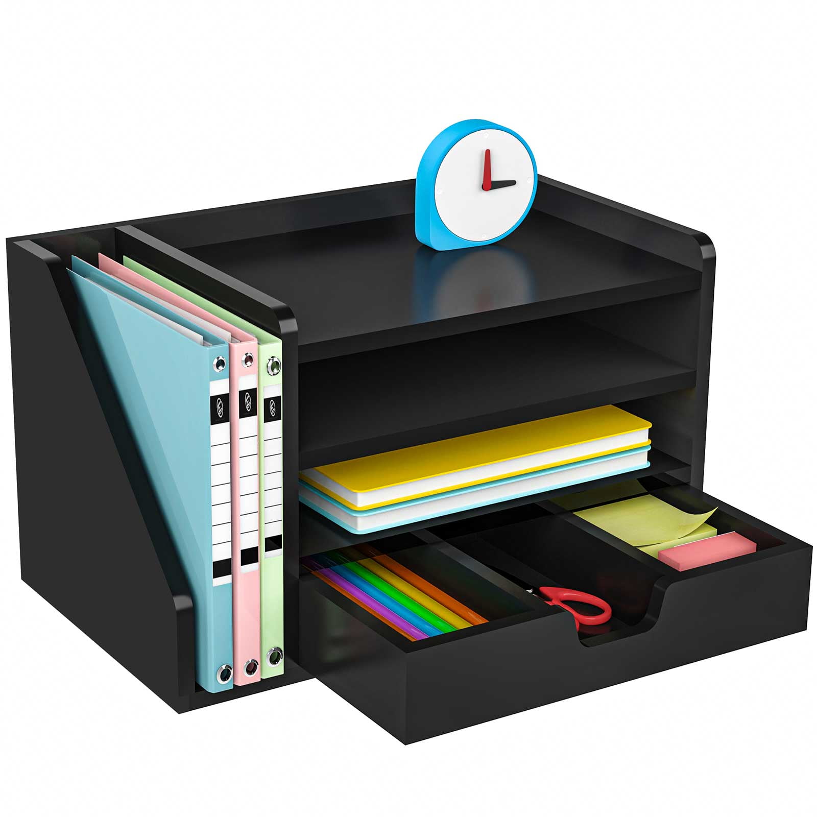 Multi-Tier Wood Desk File Organizer with Side File Rack, 3 Tray Shelves ...