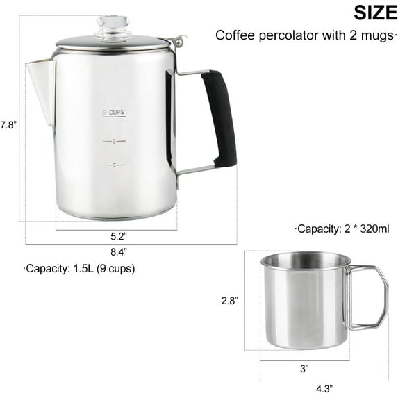 Multi Use 9 Cup Coffee Pot Bundle Coffee Percolator with 2 Mugs ...