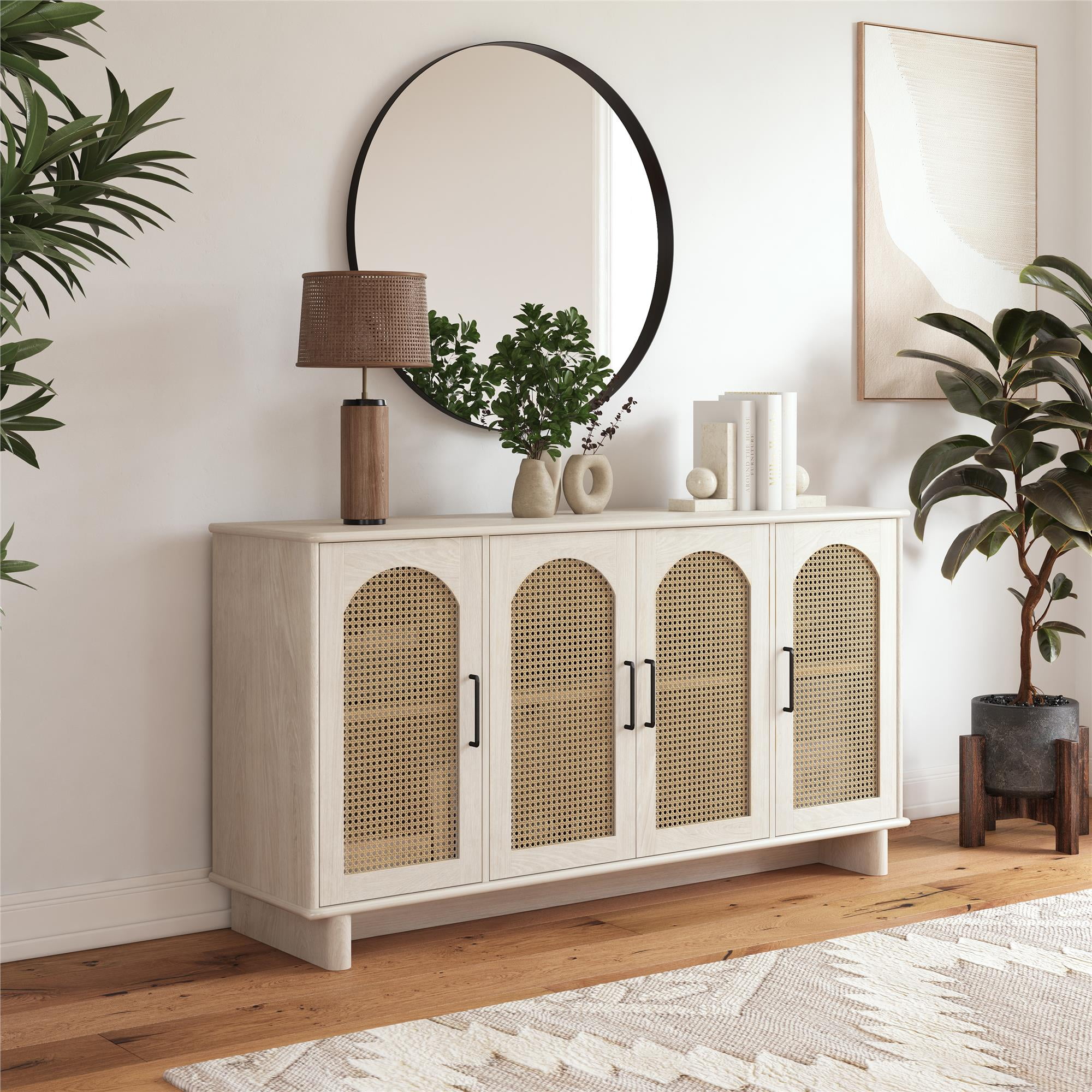 Multi-Use Console Cabinet for 65' TVs, White Oak with Rattan - Walmart.com
