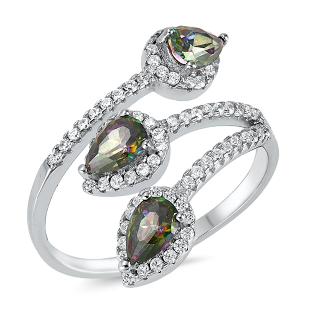 Multi-color CZ Open Elegant Teardrop Leaf Ring .925 Sterling Silver ...