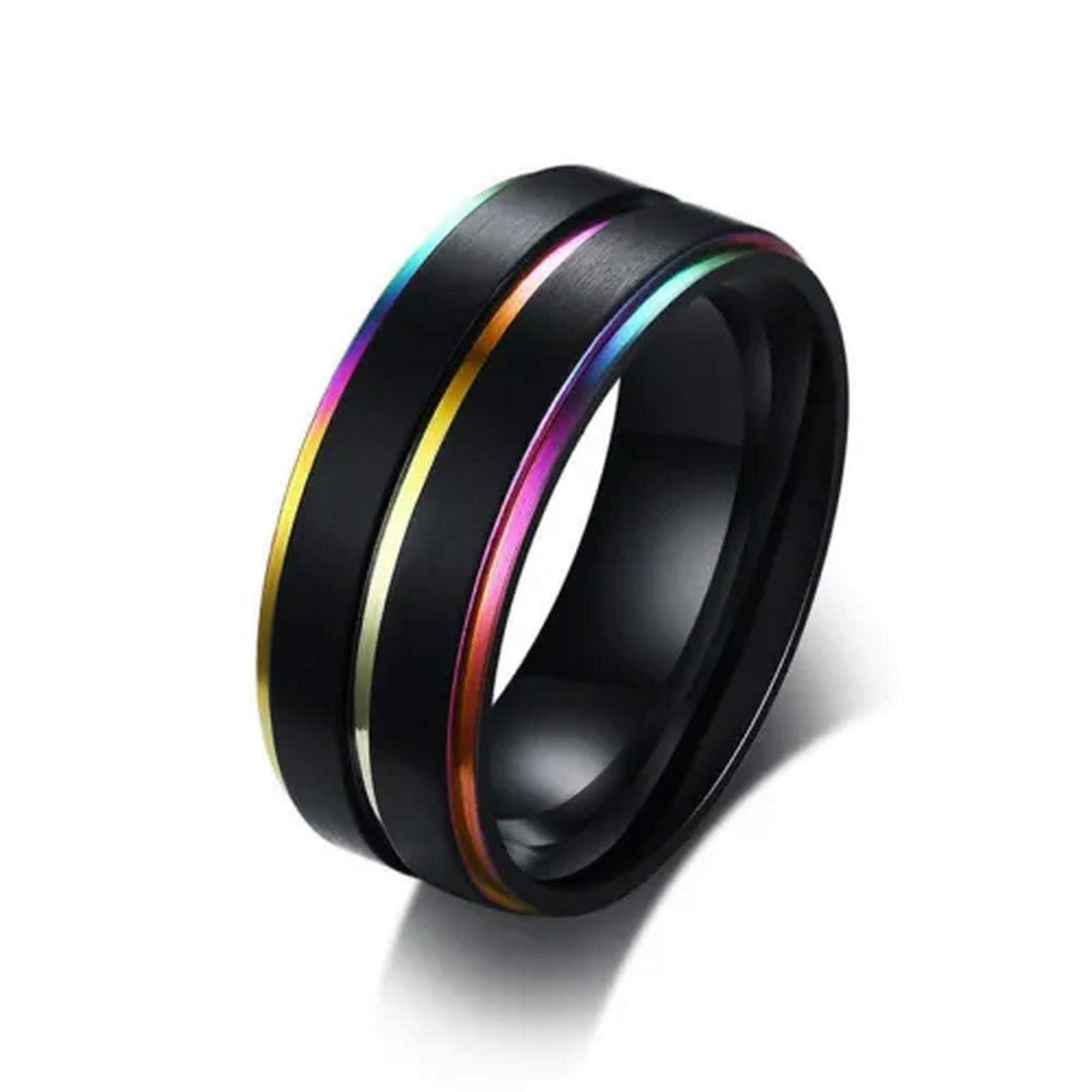 Multi-color Line Engagement Rings Men's 8MM Black Brushed Stainless ...
