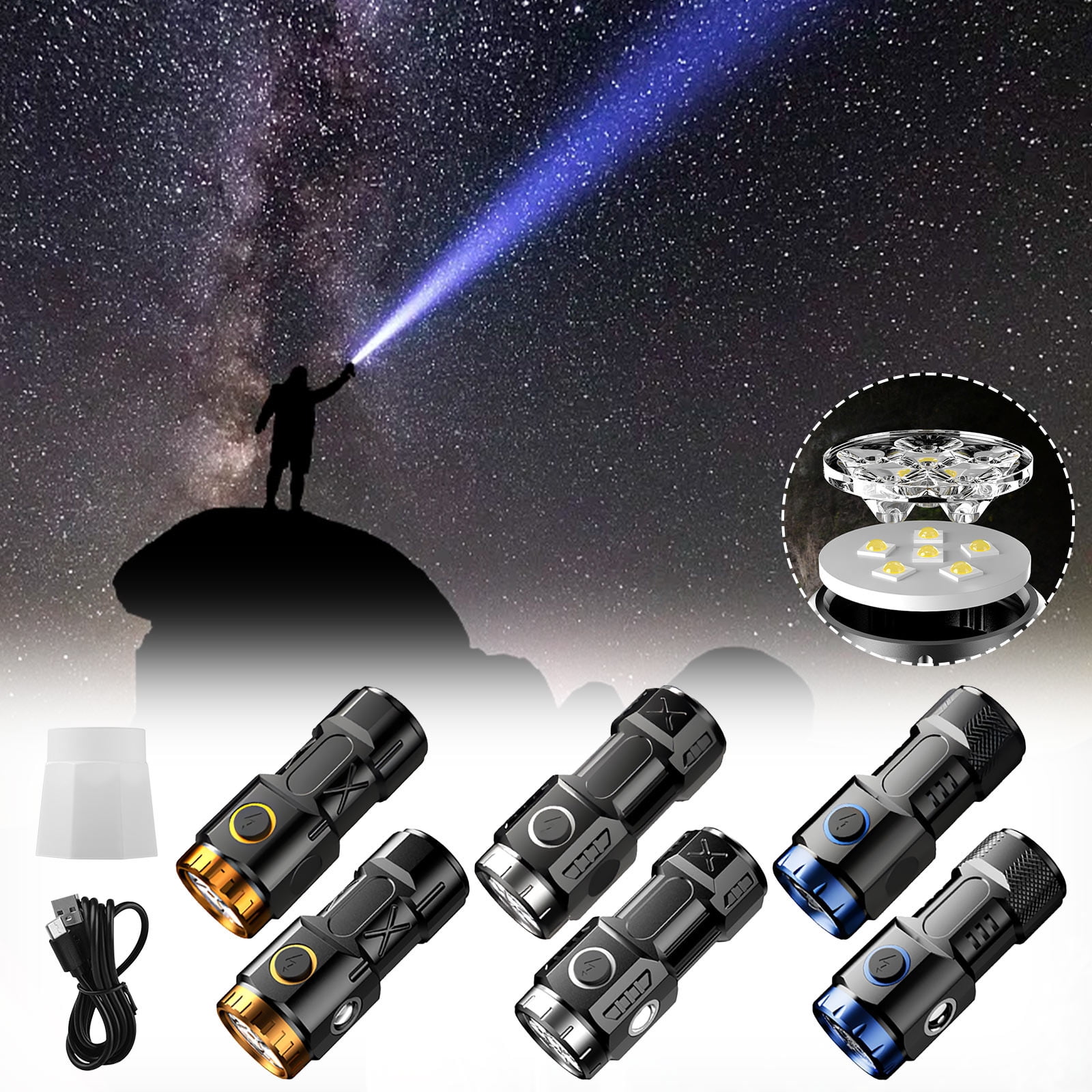 Multi-core LED Flashlight, High-intensity Beam, Rechargeable Battery ...
