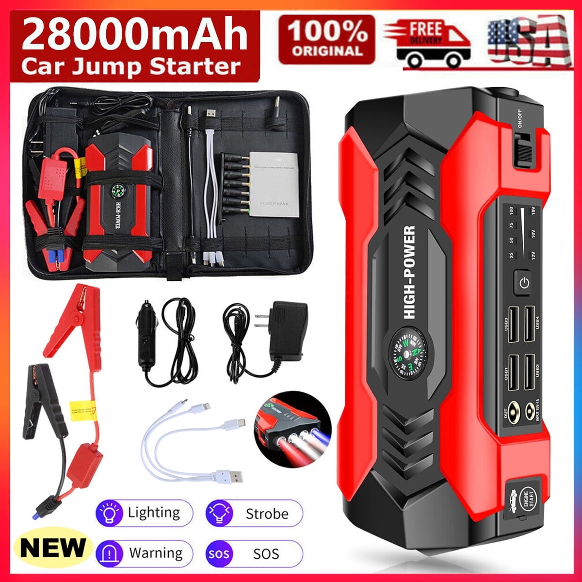 99800mAh Car Jump Starter & Portable Charger Power Bank, 4 USB, LED, Emergency Jump 12V USA ...