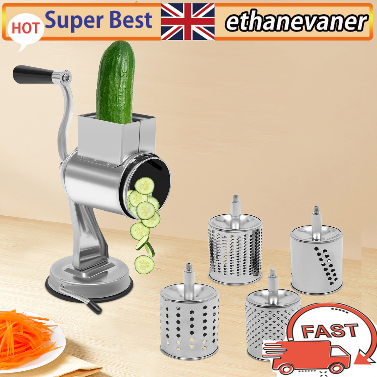 Multi-functional Food Rotary Grater Shredder Stainless Steel W/5 Drums ...