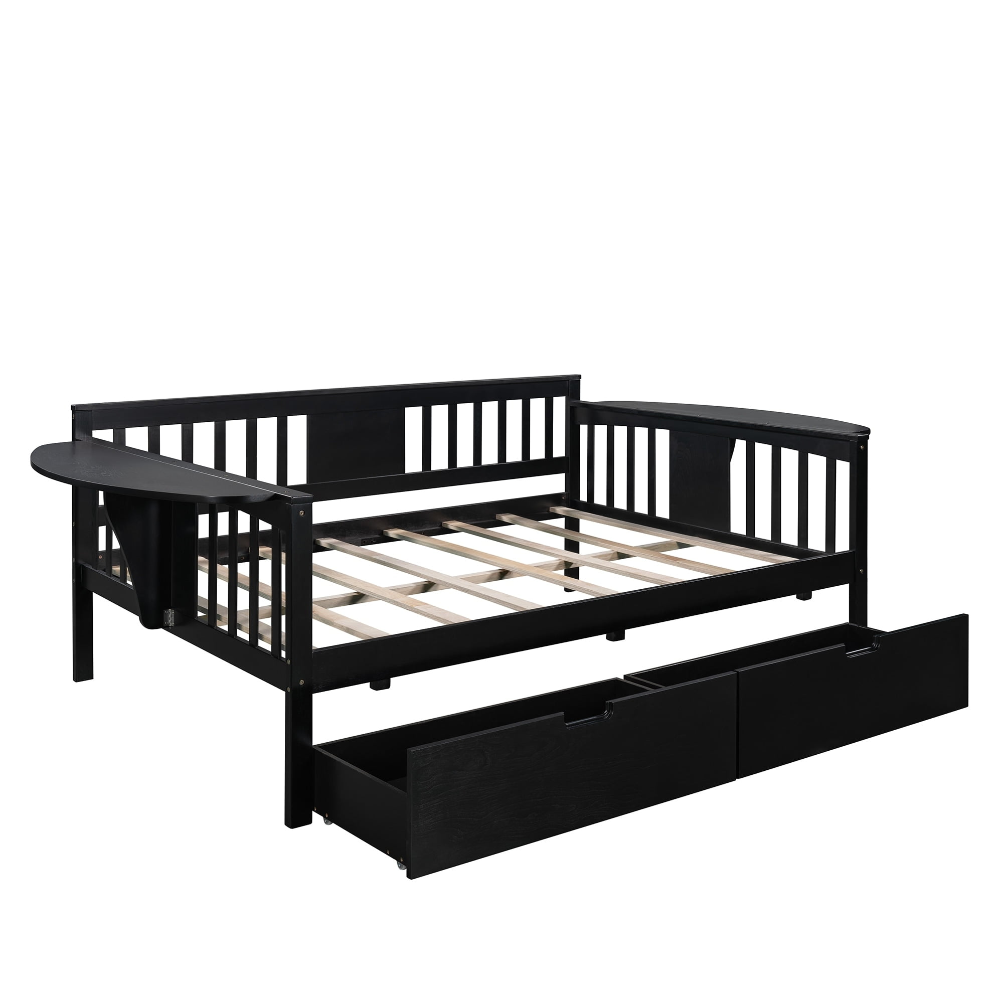 Multi-functional Full Size Daybed with Two Drawers and Folding Side Table, Wood Slat Support ...