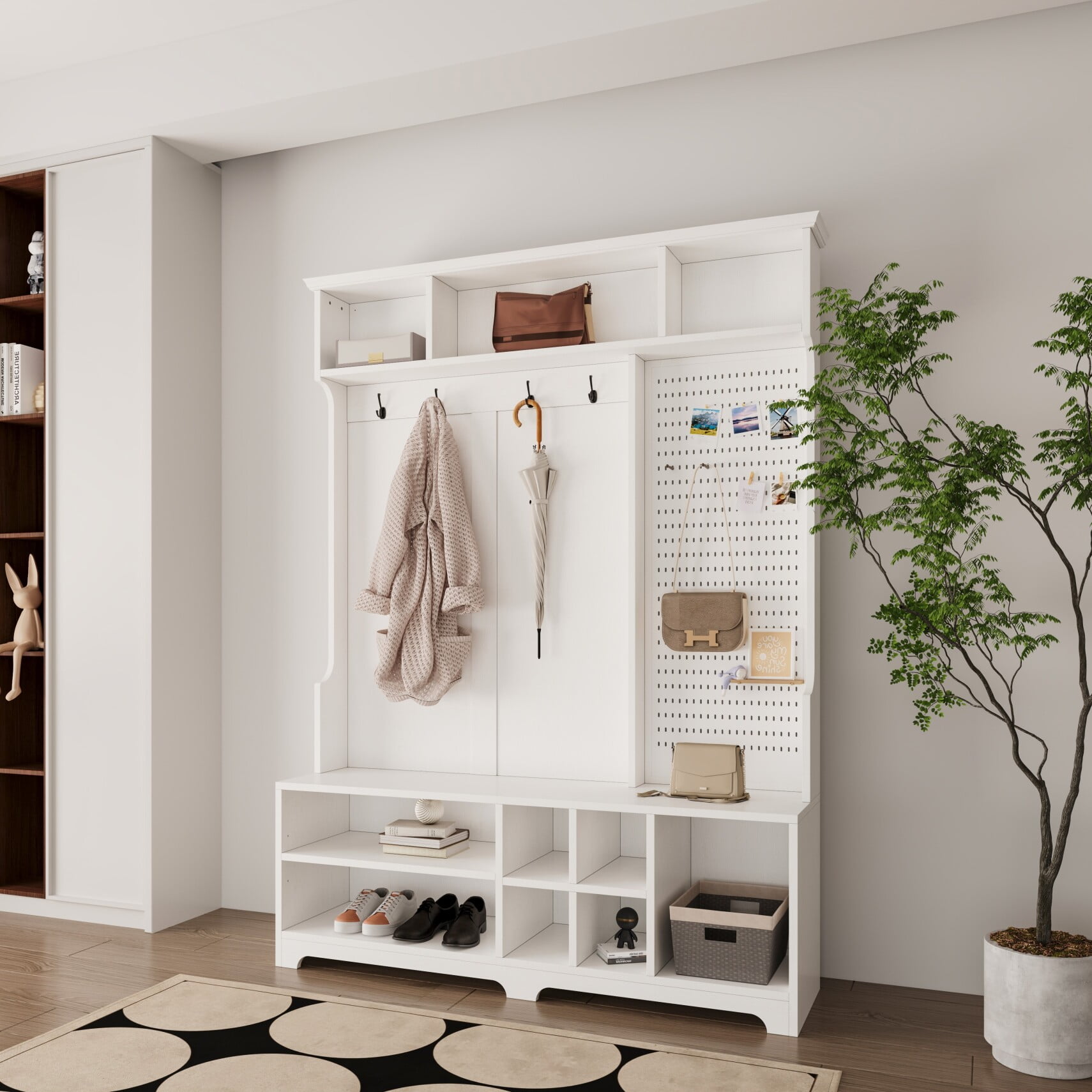 Multi functional Hall Tree 4 in 1 Design Open Cabinet with Mudroom Bench 4 Coat Hooks Shoe Storage Storage Shelves and Pegboard Vintage Hall Tree