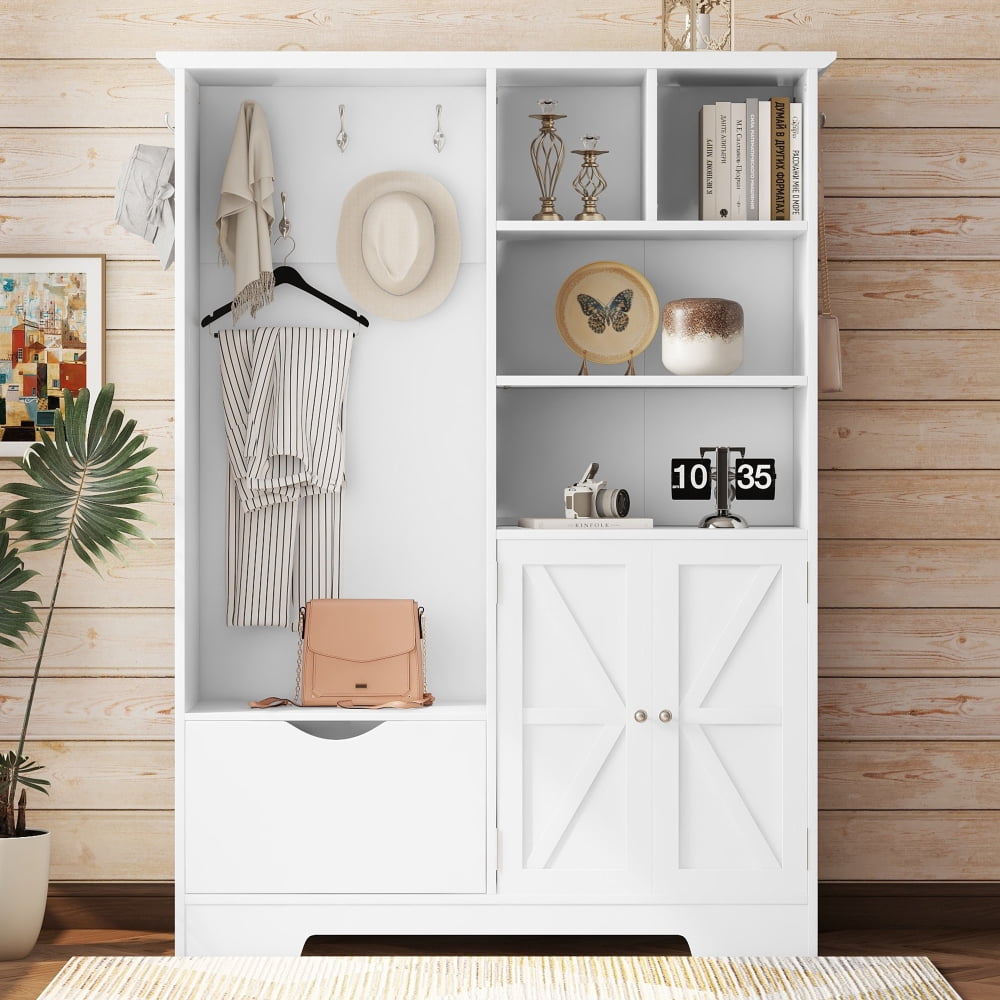 Multi-functional Hall Tree with Storage Shelves, Drawers, and Cabinet ...