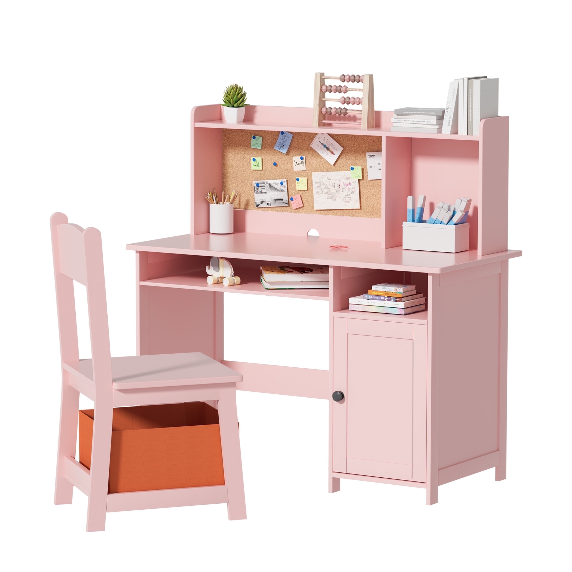 Pink Kids Wooden Study Desk And Chair Sets With Hutch And Storage ...