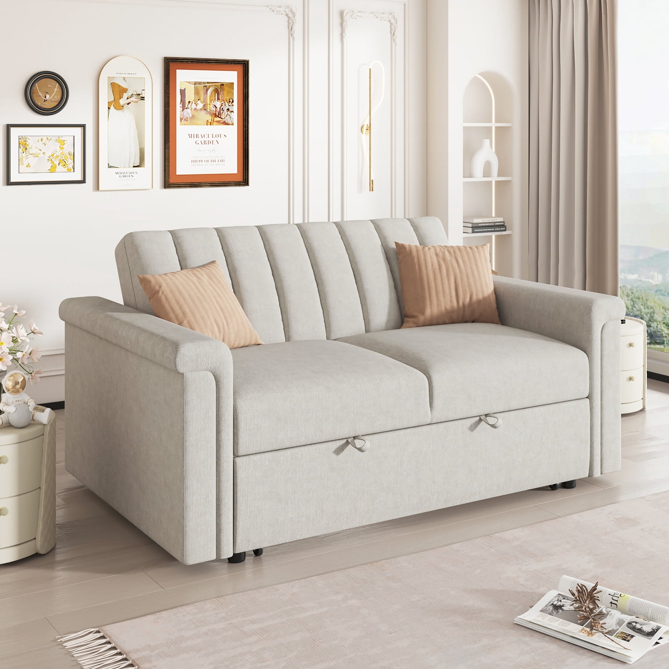 Multi-functional Sleeper Couch Bed with 2 Soft Pillows & Pull-Out Bed ...
