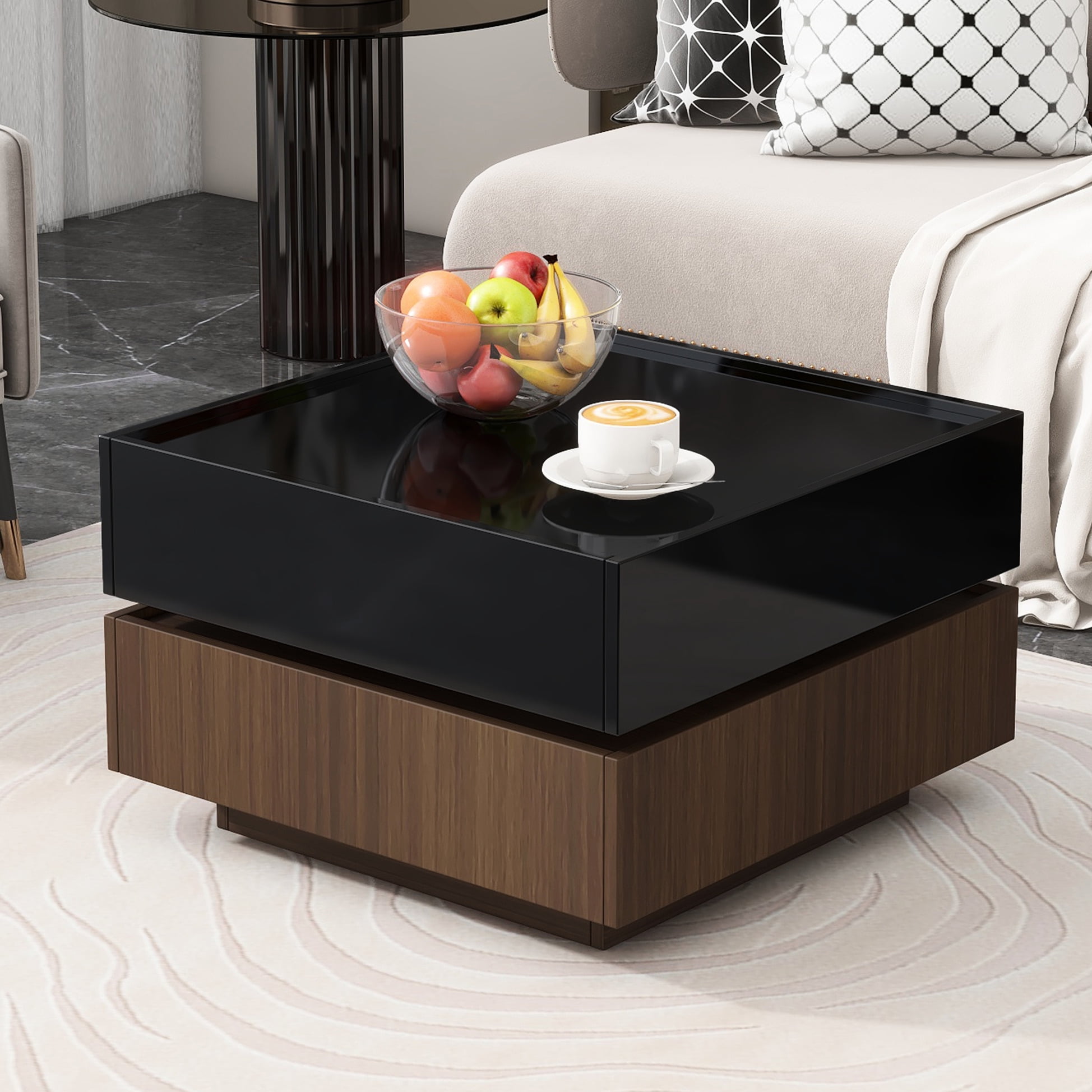 Multi-functional Square Coffee Table With 360° Rotation, 2 Drawers ...