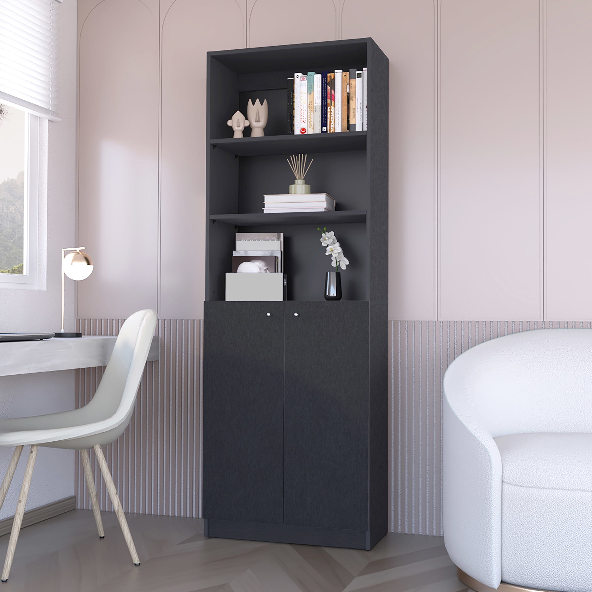 Multi-level Shelf Bookcase With Double Door Design - Black, Modern Look ...