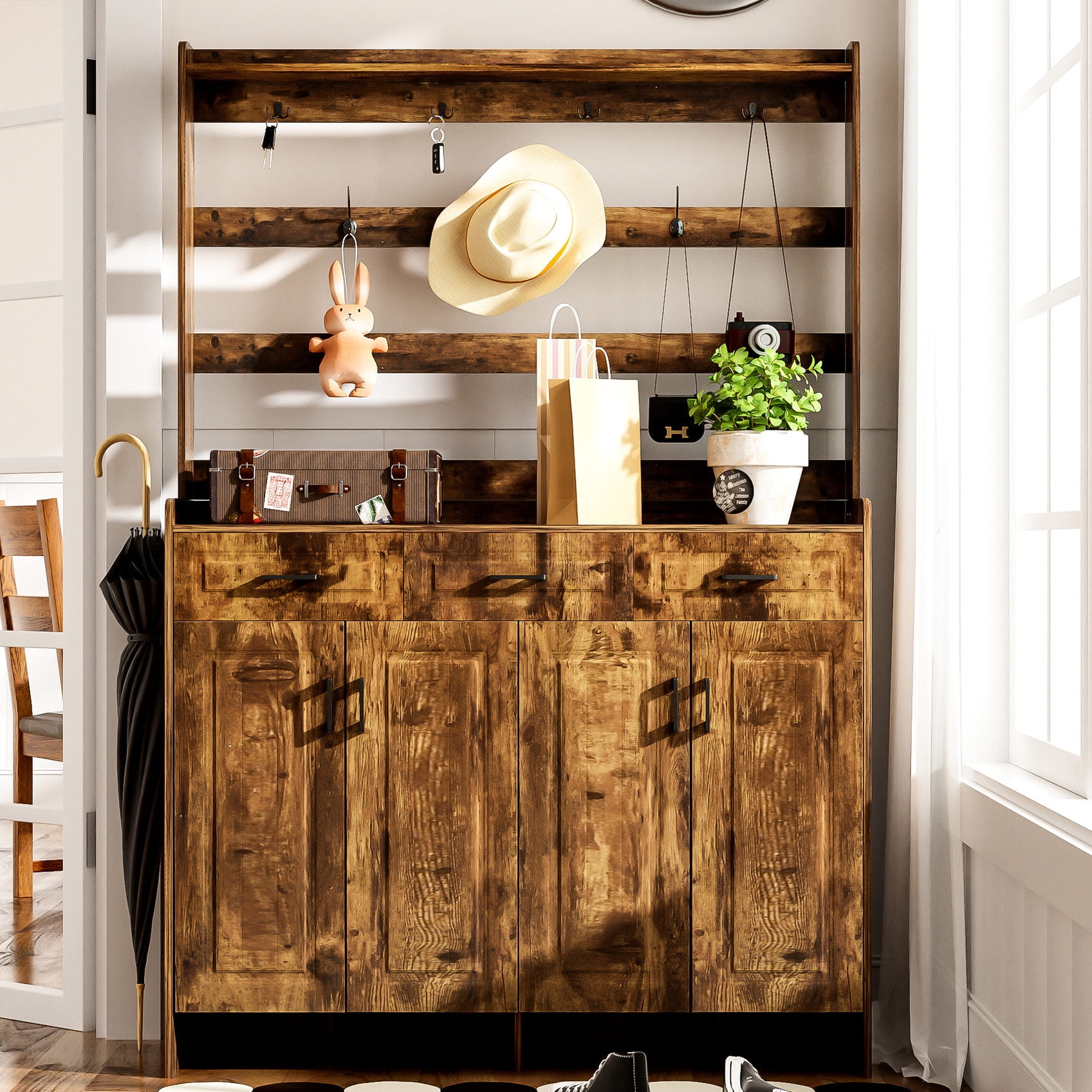 Multi-purpose Shoe Cabinet with 7 Hooks and Drawer Storage / Fit for ...