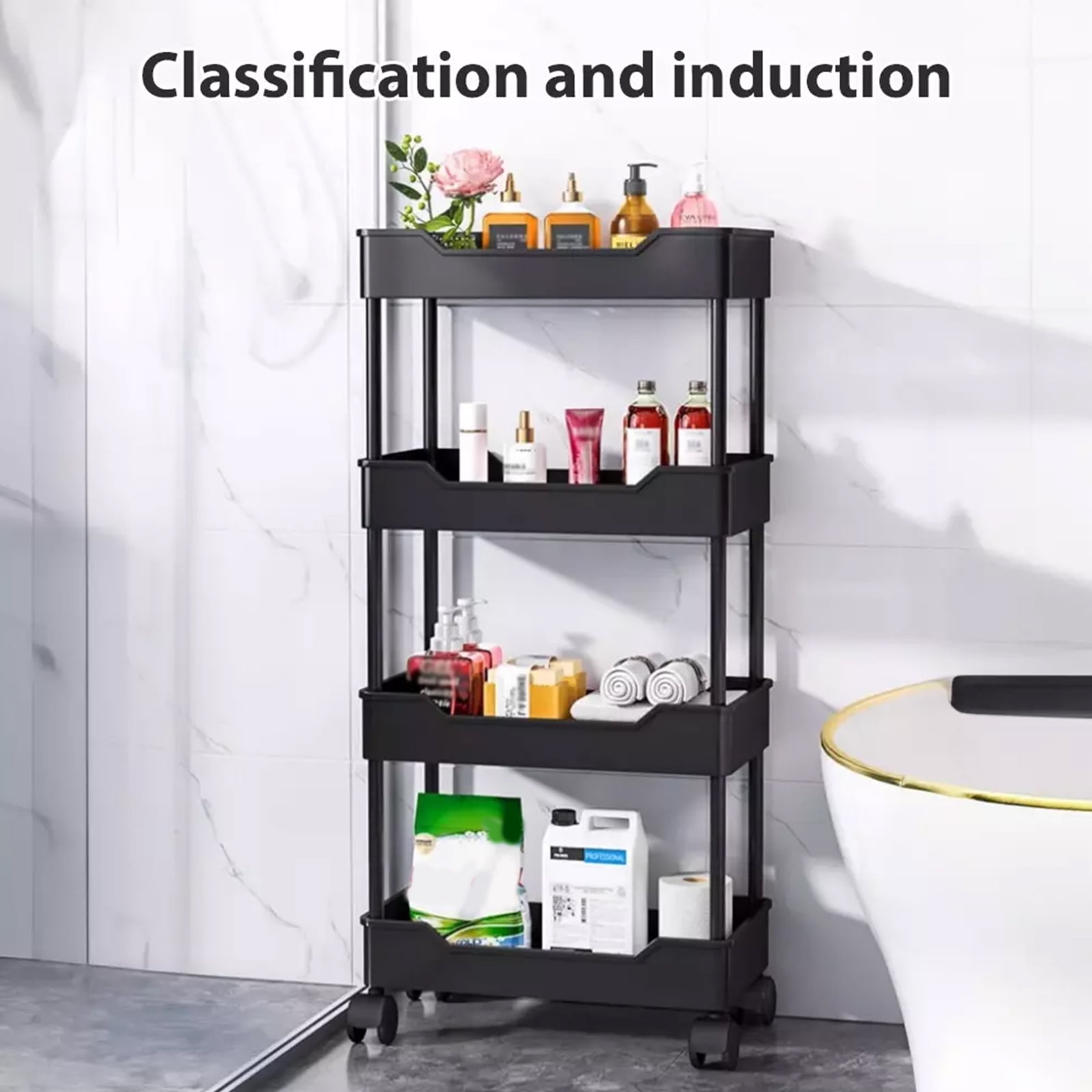 4-Tier Plastic Rolling Utility Cart with Handle, Multi-Functional ...