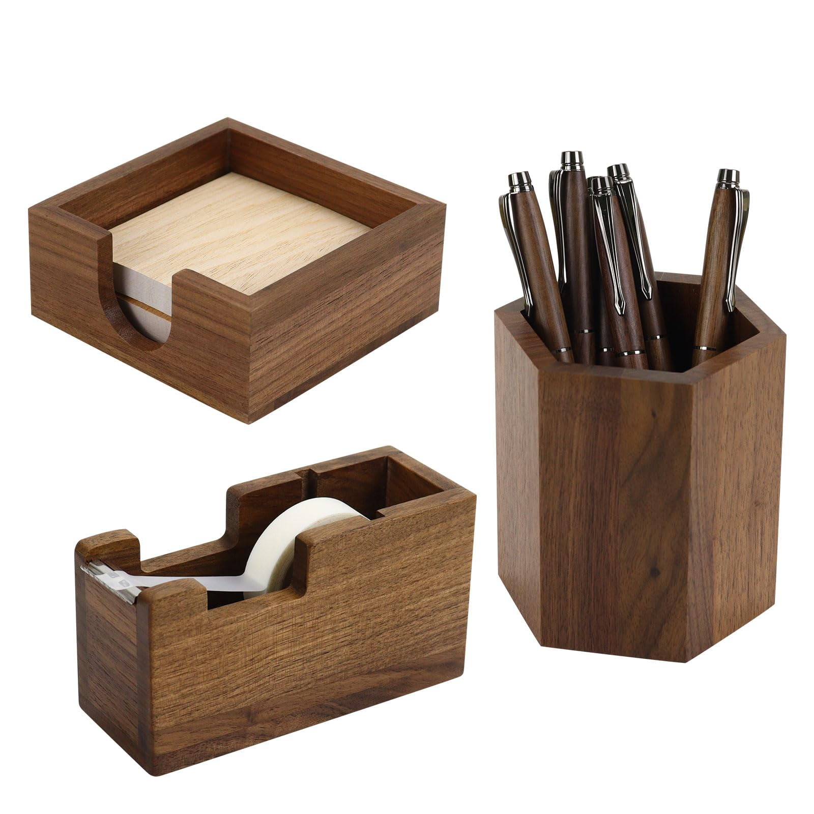 Multibey 3PCS Walnut Wood Sticky Note Holder and Tape Dispenser ...