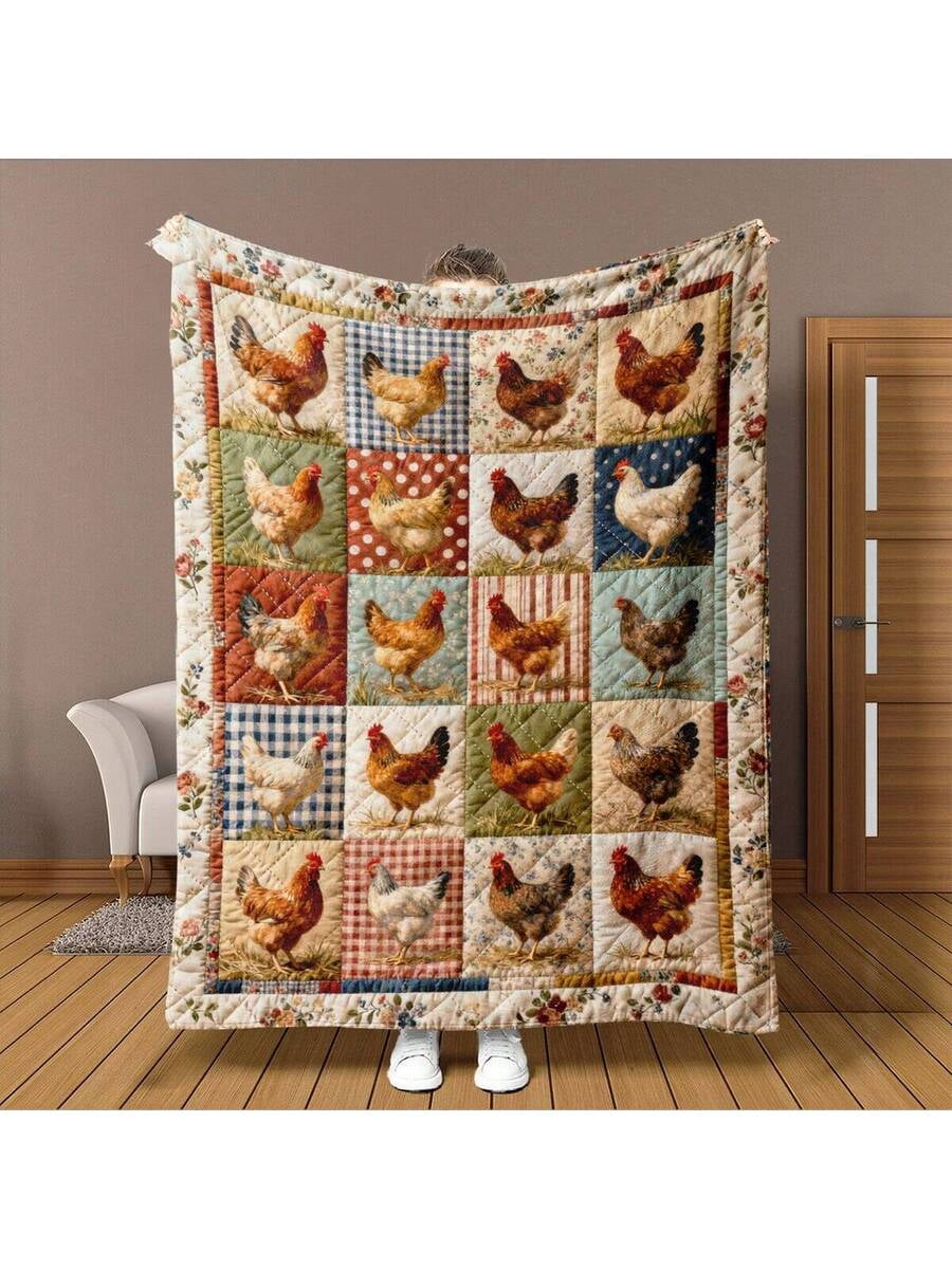 Multicolor 15 Chicken Patchwork Throw Blanket, Farmhouse Style Quilted ...