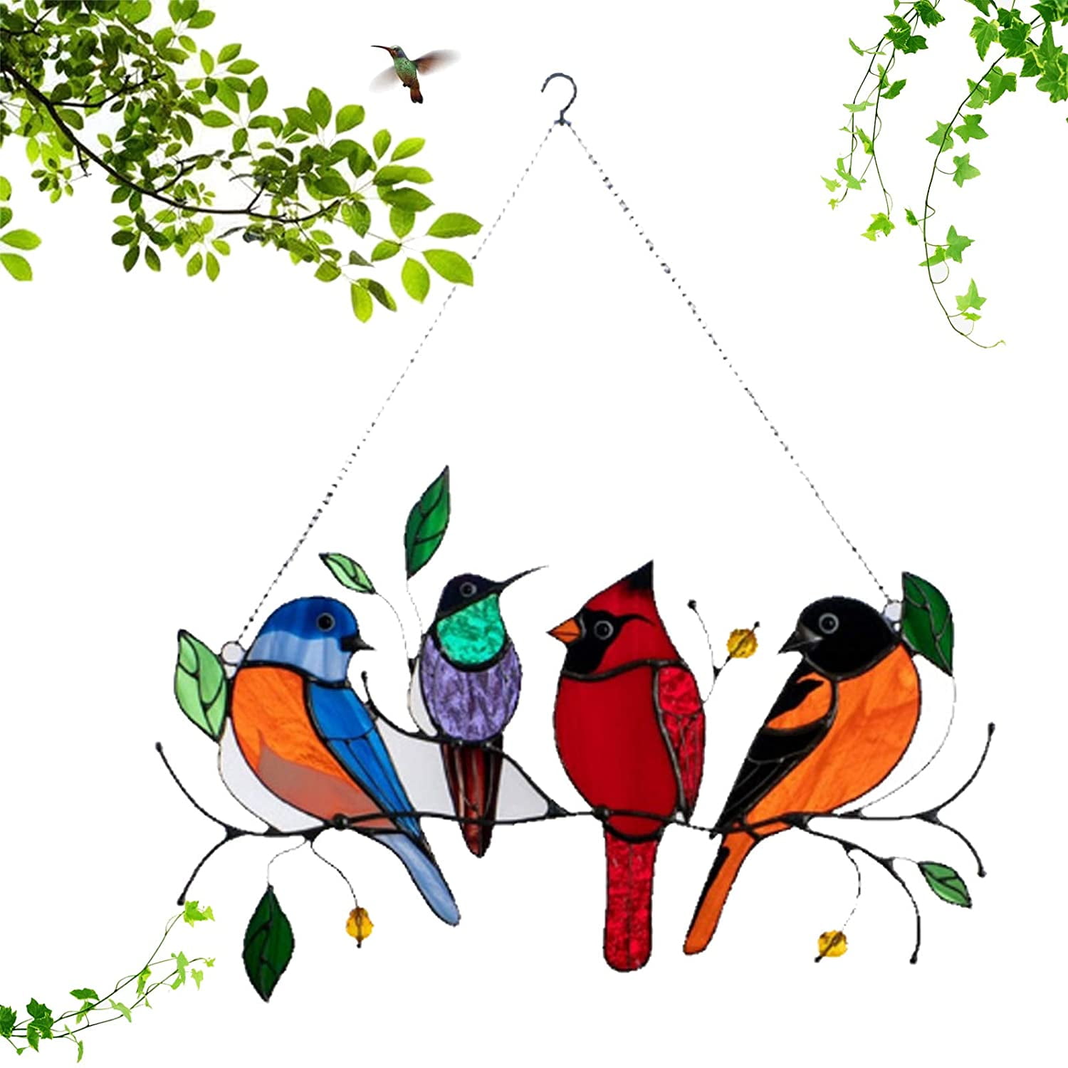 Multicolor Birds on a Wire High Stained Glass Suncatchers Window Panel ...
