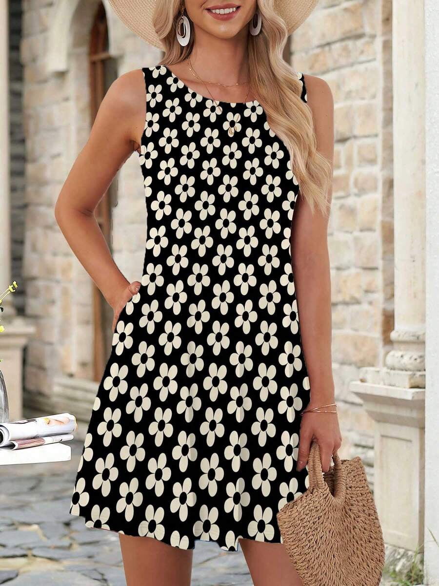 Multicolor Black And White Daisy Print Sleeveless A-Line Sundress ...
