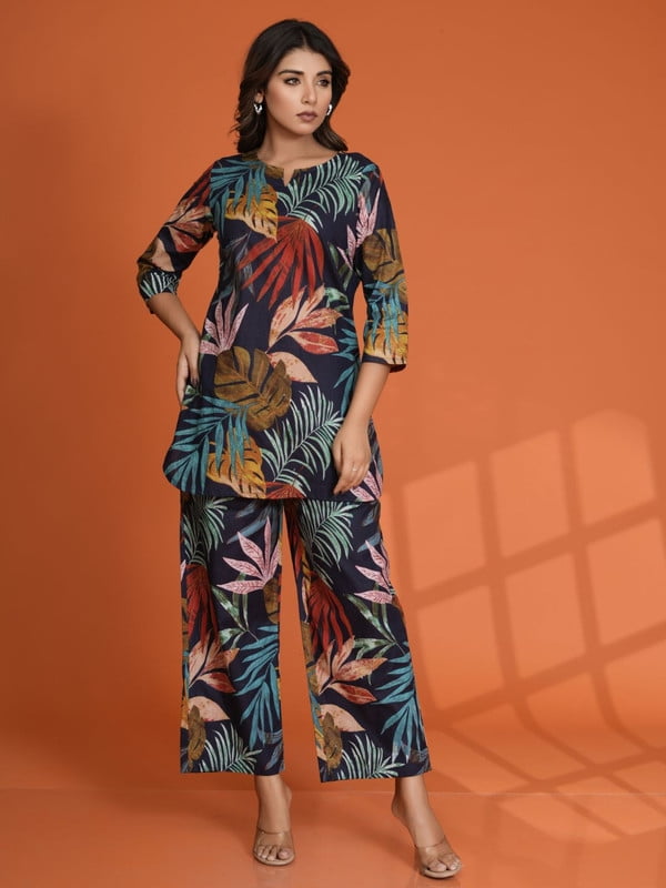 Multicolor Bold Leaf Printed Cotton Cambric Co-Ord Set - Walmart.com