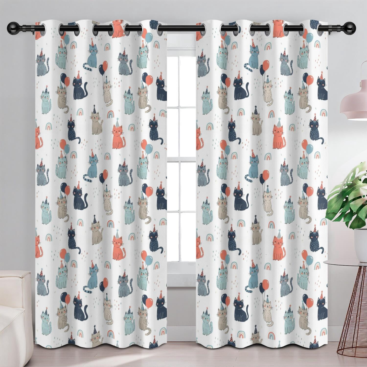 Multicolor Cat and Balloon White Pattern Blackout Curtains,Triple ...