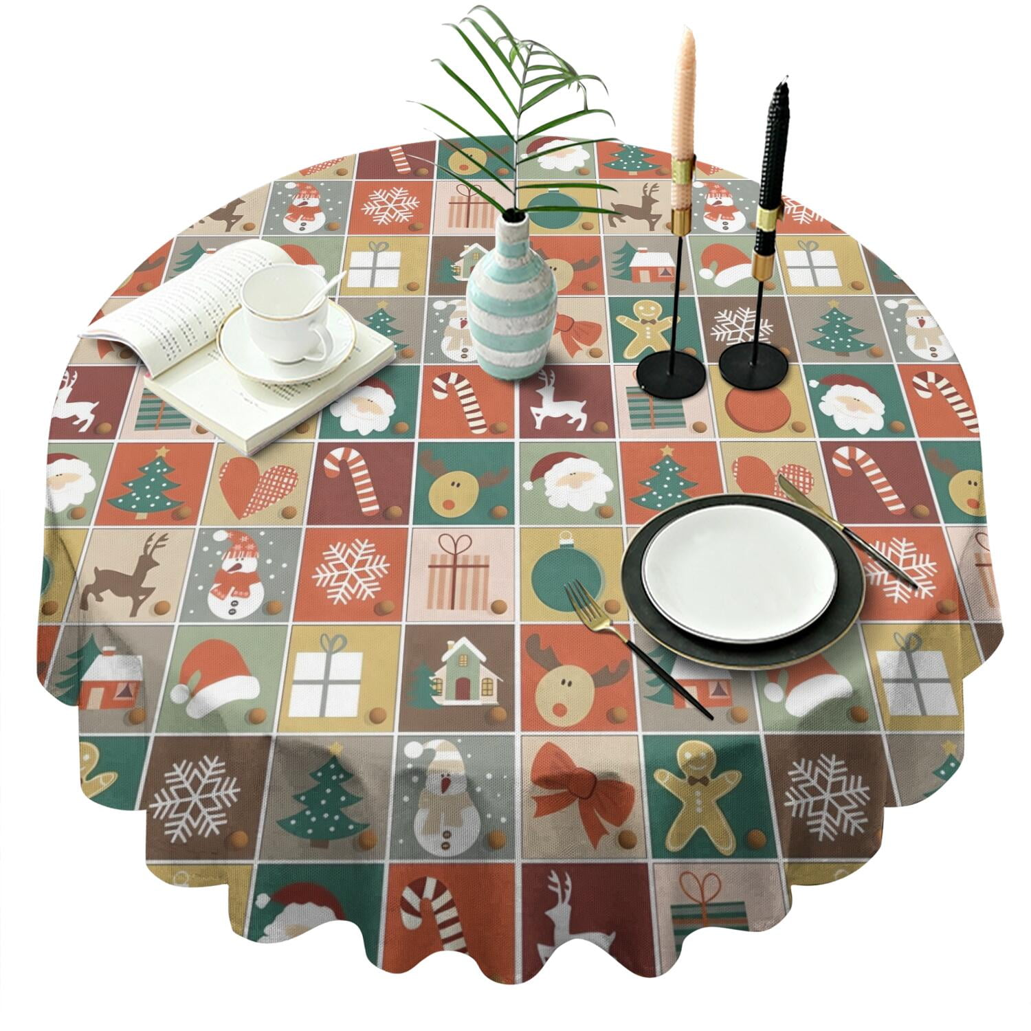 Multicolor Christmas Pattern Round Tablecloth 60"x60",Wrinkle Wipeable ...