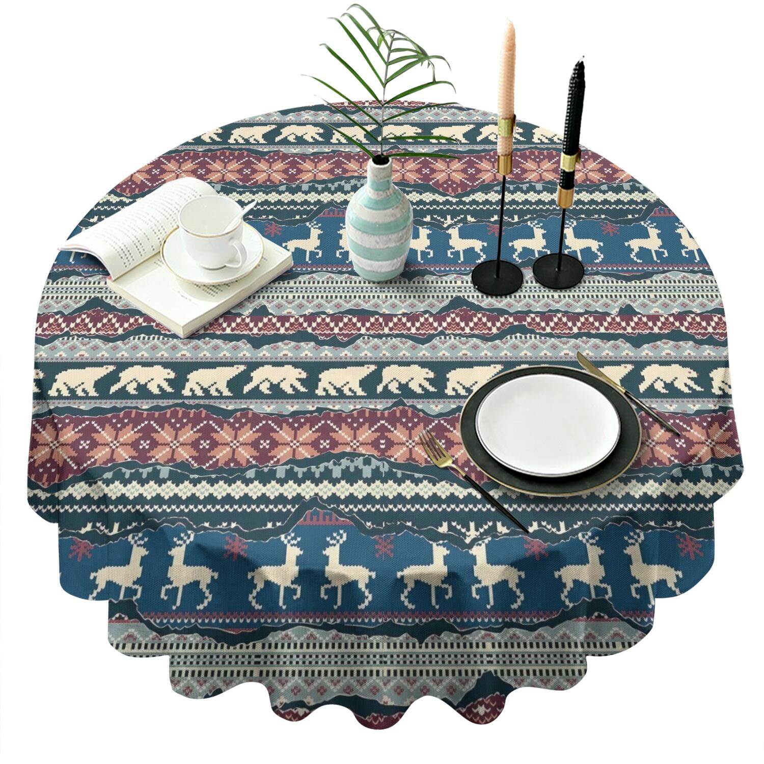 Multicolor Christmas Pattern Round Tablecloth 60"x60",Wrinkle Wipeable ...