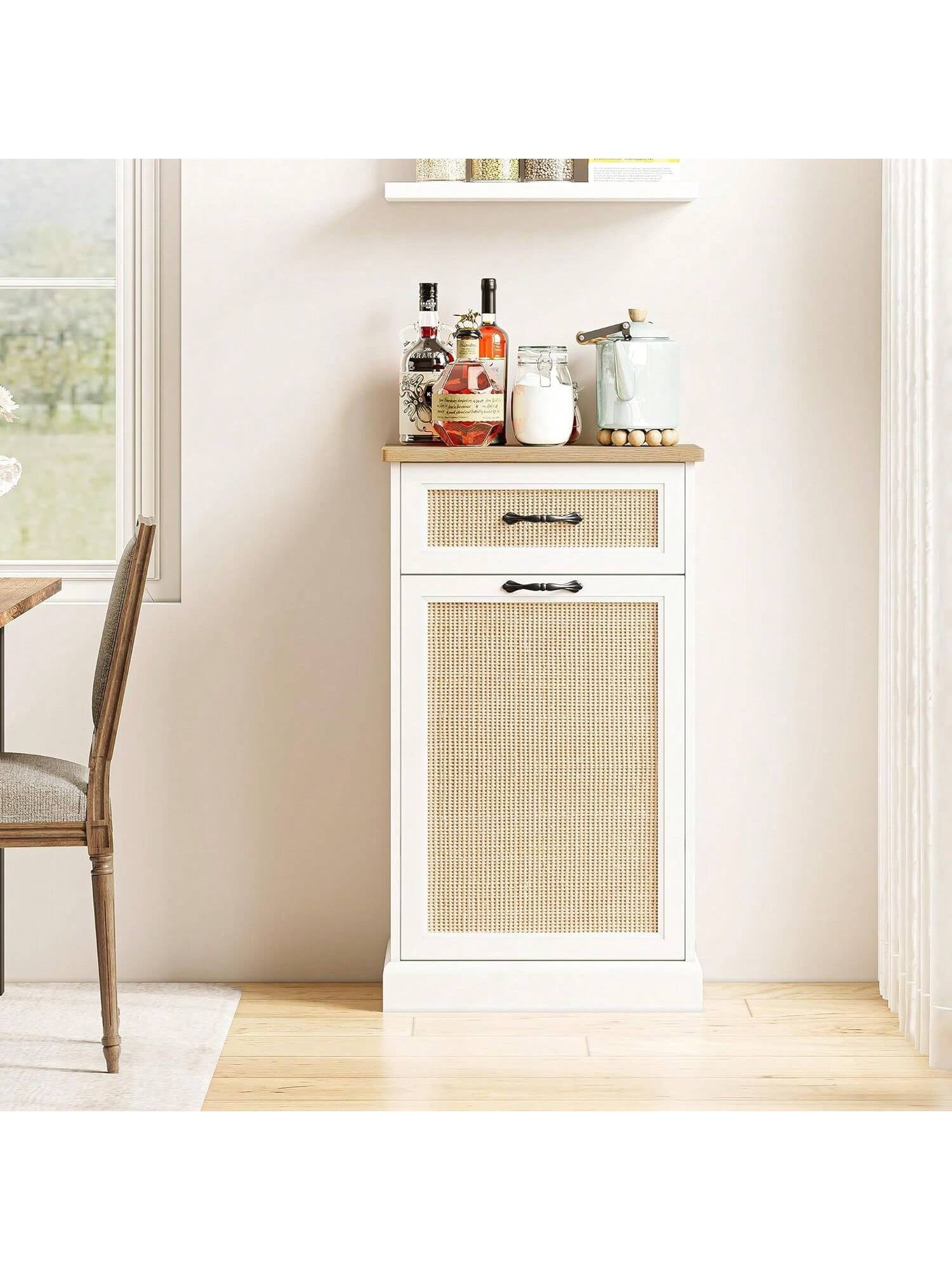 Multicolor Double Trash Can Cabinet With Natural Rattan, Tilt Out ...