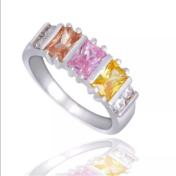 Multicolor Emerald Cut Gemstone Eternity Ring, Wedding Band 14k Yellow ...