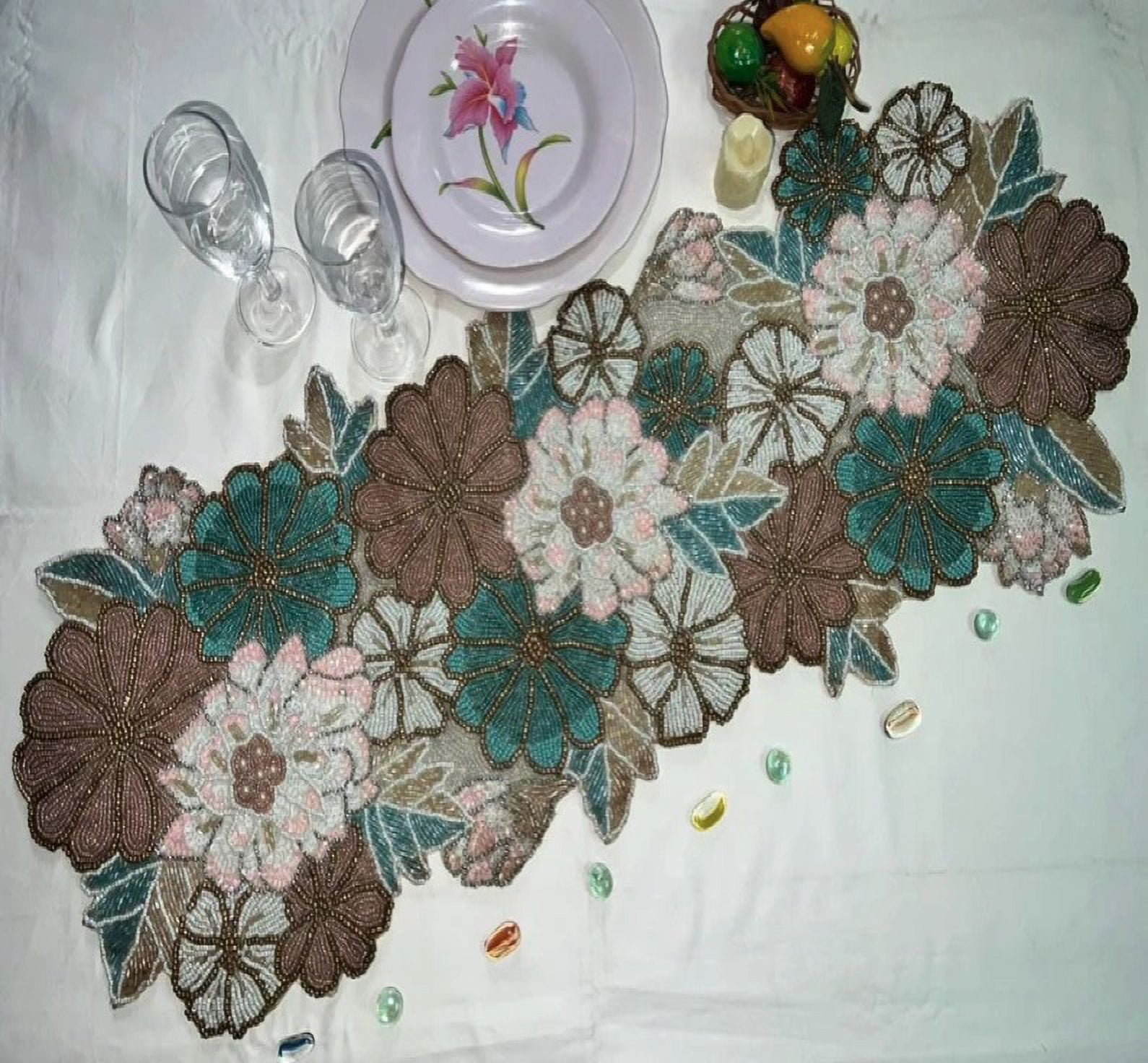 Multicolor Flowers Table Runner, Handmade Beads Table Runner, Dining ...