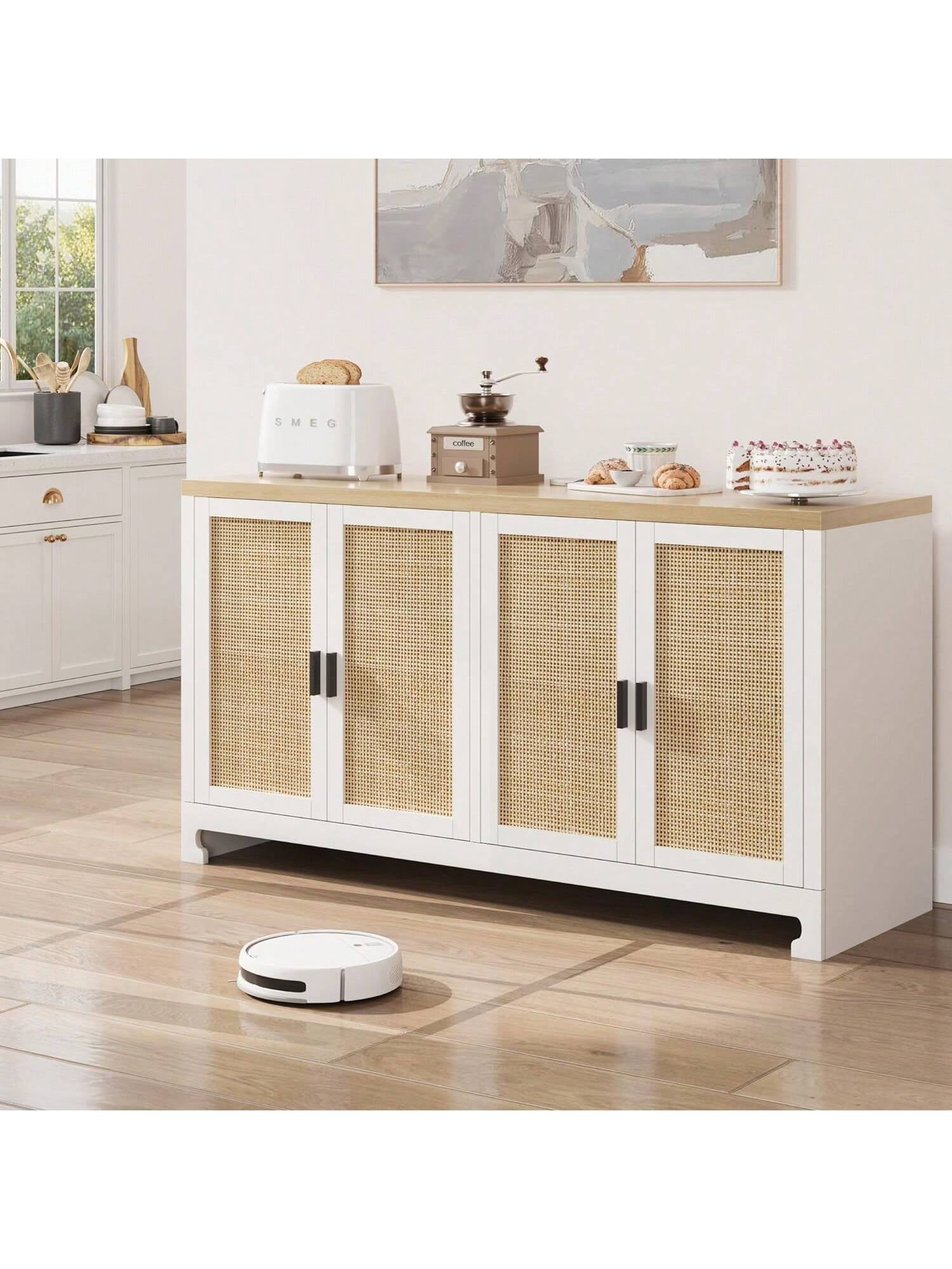 Multicolor One Size Buffet Cabinet,Rattan Accent Storage Cabinet With 4 ...